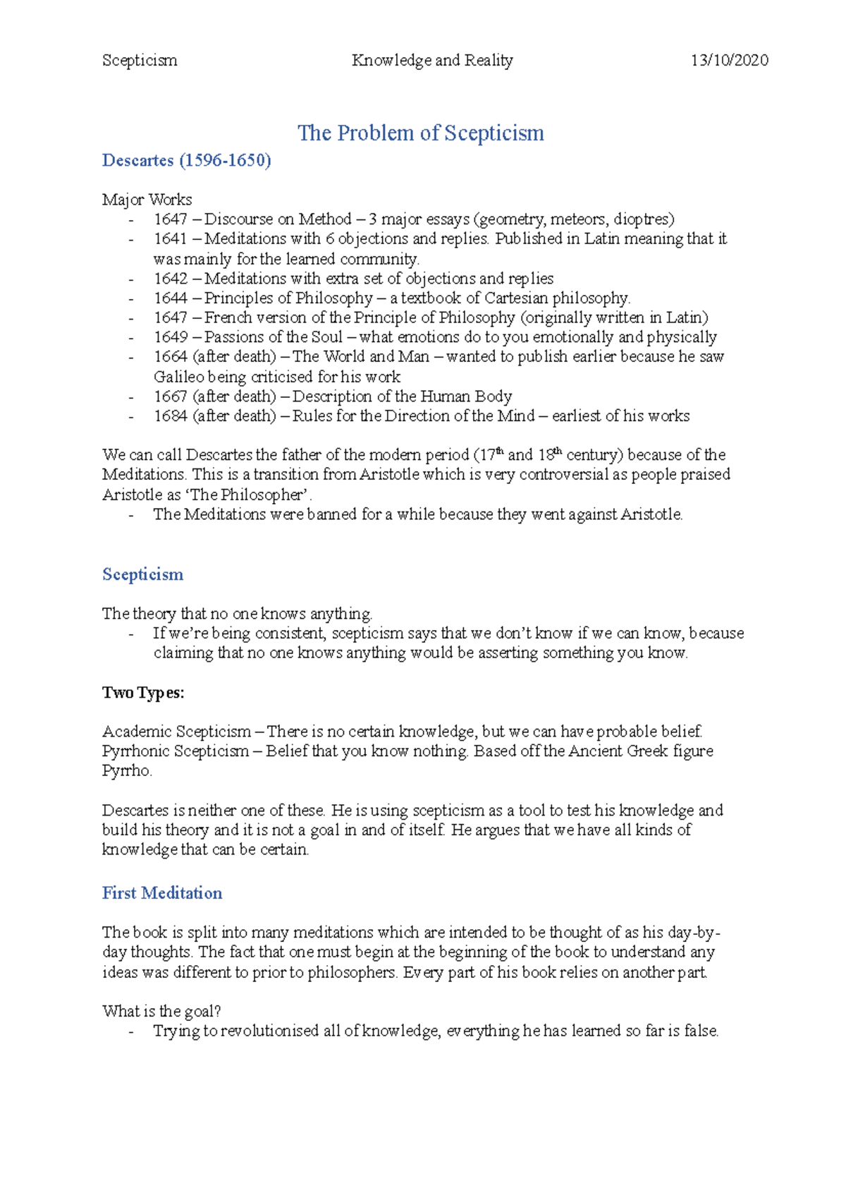 The Problem of Scepticism - Scepticism Knowledge and Reality 13/10/ The ...