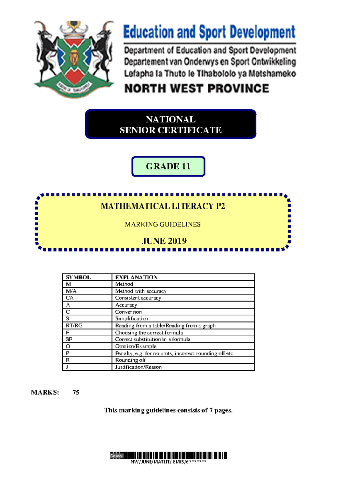 Mathematical-Literacy-GR-11-MEMO-Paper-2 - Demo SYMBOL EXPLANATION M ...