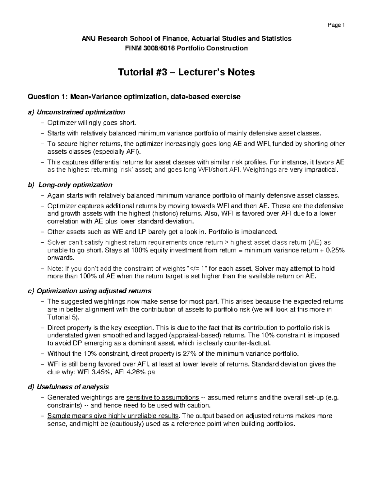 Tutorial #3 - Solution - Page 1 ANU Research School of Finance ...