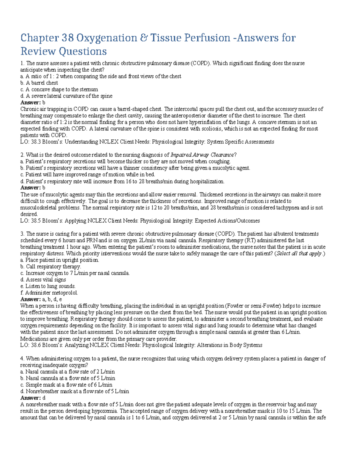 Chapter 38 Review Question & Answers - Chapter 38 Oxygenation & Tissue ...