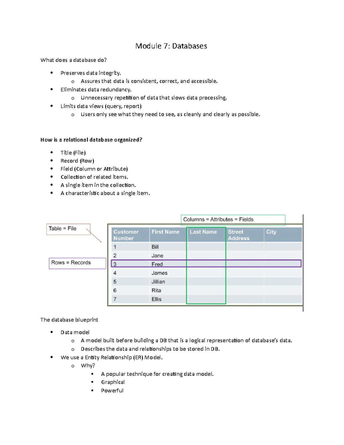Database Notes (Module 7) - Module 7: Databases What does a database do ...