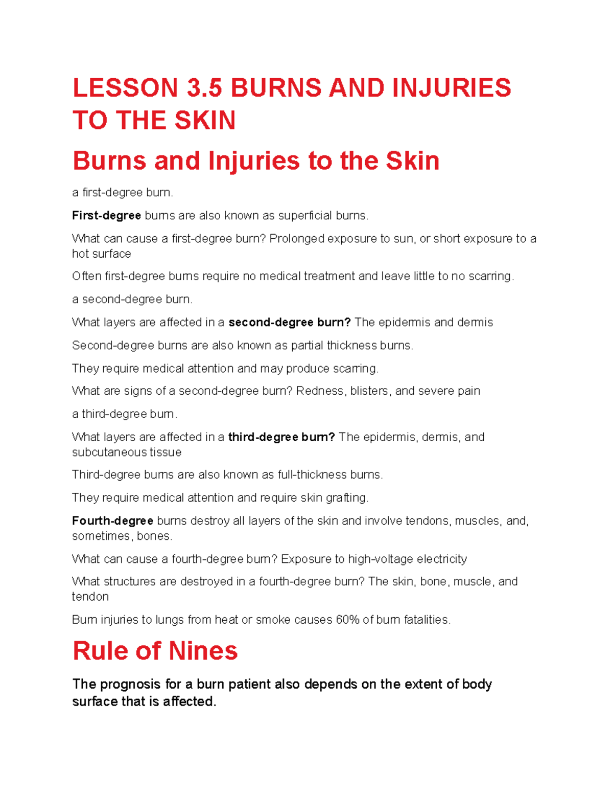 Lesson 3.5 Burns AND Injuries TO THE SKIN - LESSON 3 BURNS AND INJURIES ...