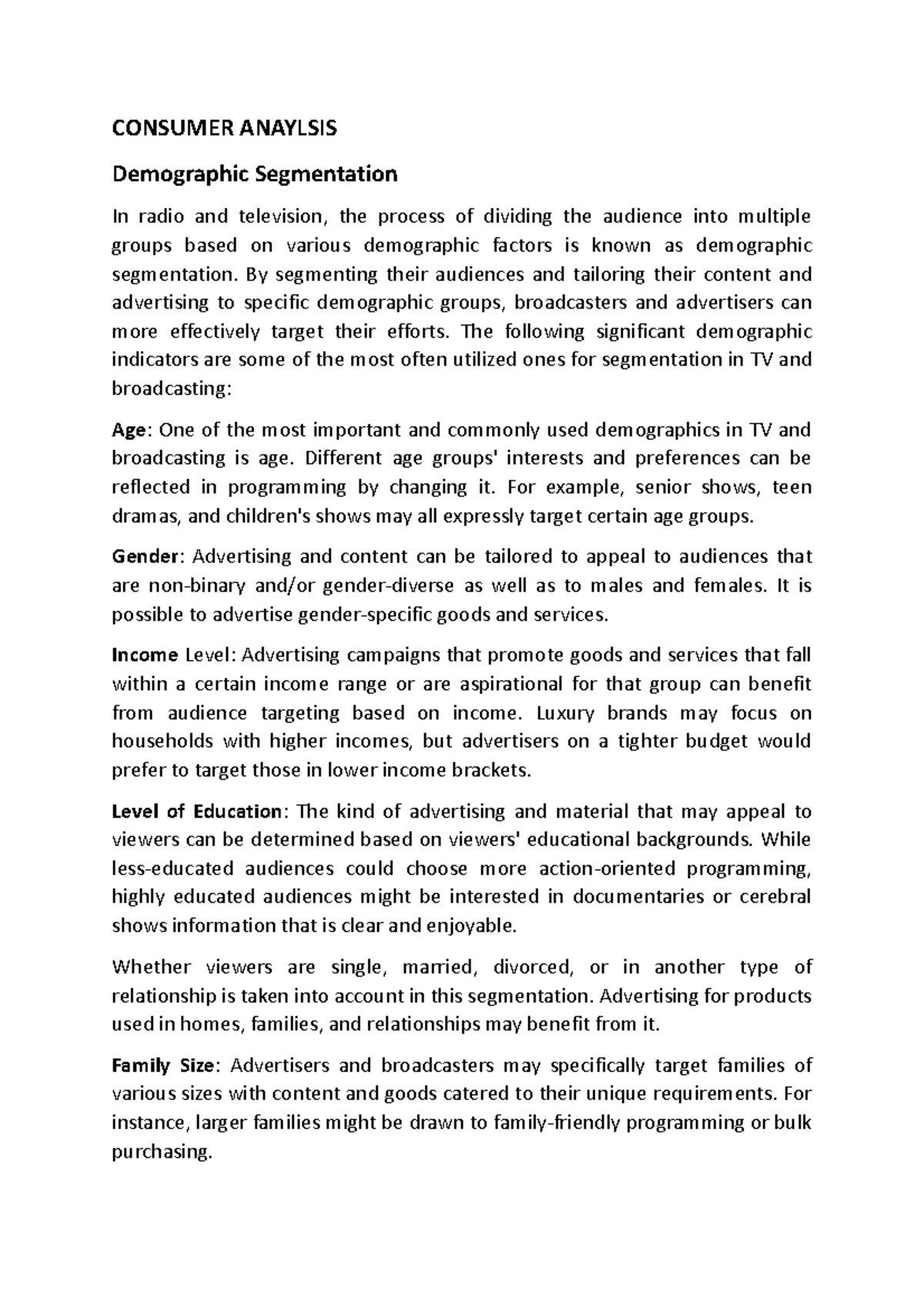 Consumer and Competitor Analysis - CONSUMER ANAYLSIS Demographic ...