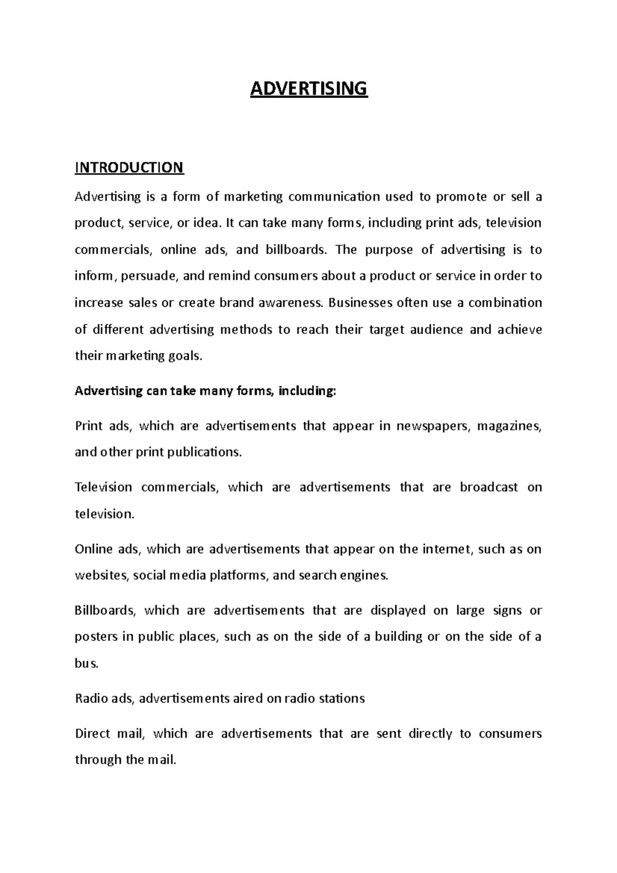 Advertising - ADVERTISING INTRODUCTION Advertising is a form of ...