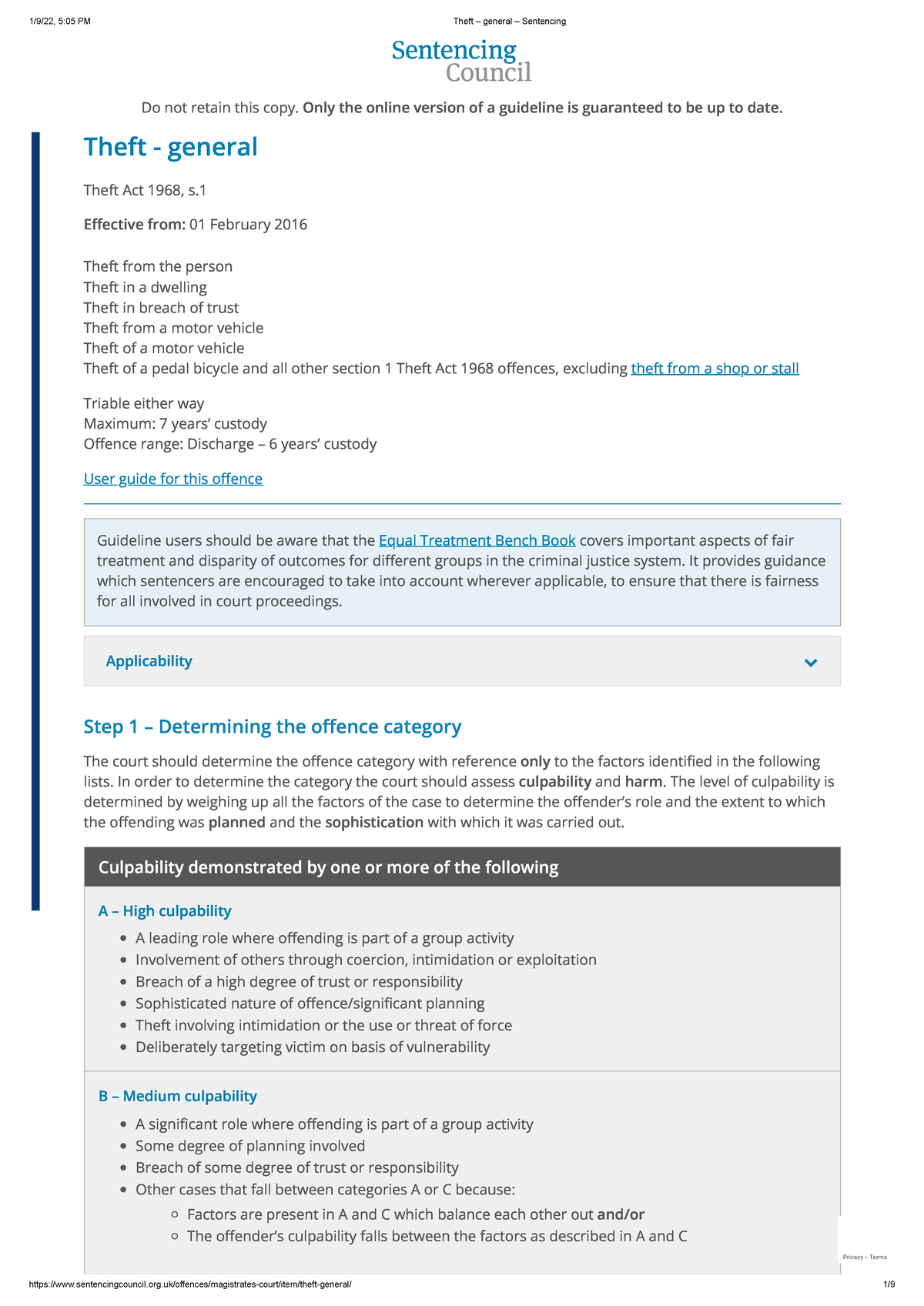 Theft – general – Sentencing - Do not retain this copy. Only the online ...