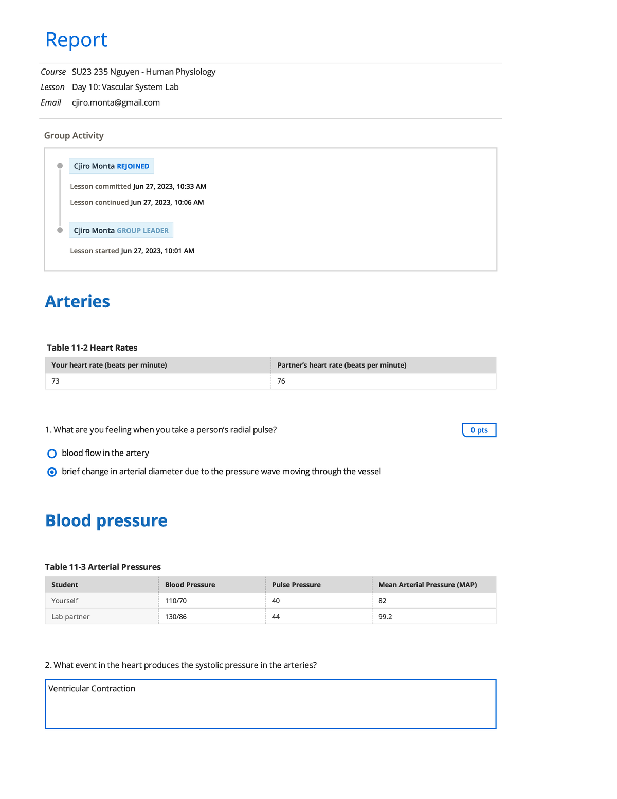 Day 10 Vascular System Lab report - Report Course SU23 235 Nguyen ...