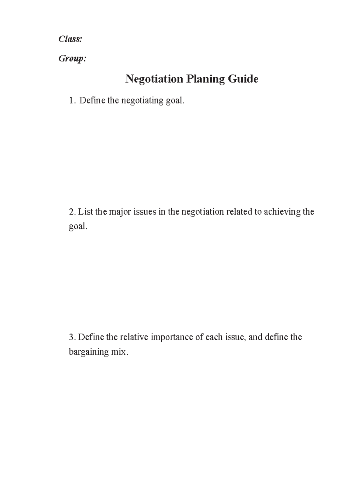 Negotiation Planing Guideline - Class: Group: Negotiation Planing Guide ...