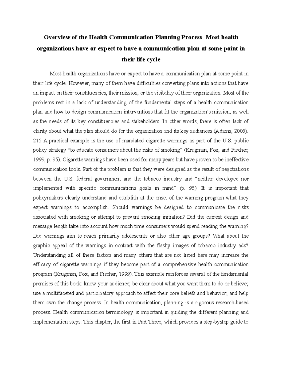 Overview of the Health Communication Planning Process - However, many ...