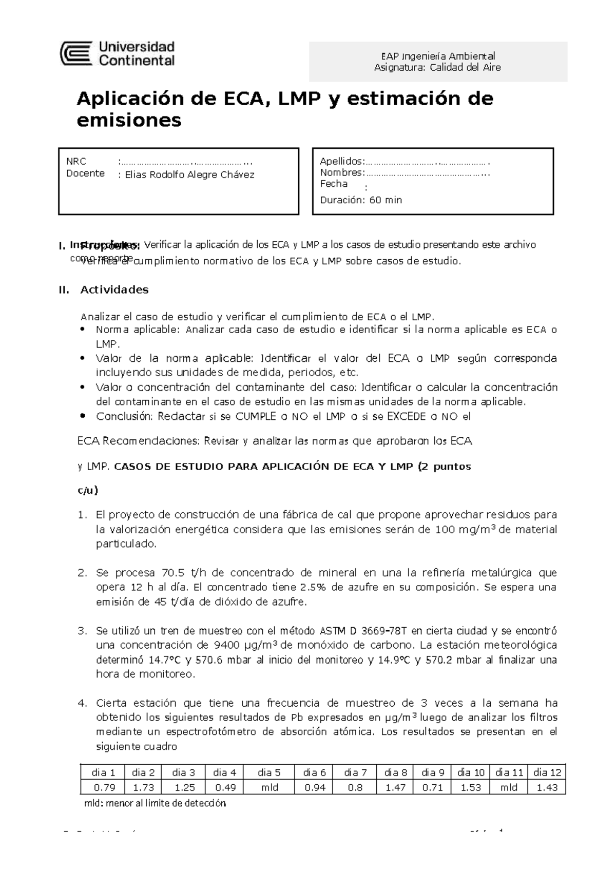 3. Aplicación ECA, LMP y FE D - E A P I ng eniería Ambi en t al Asignatura: Calidad del Aire ...