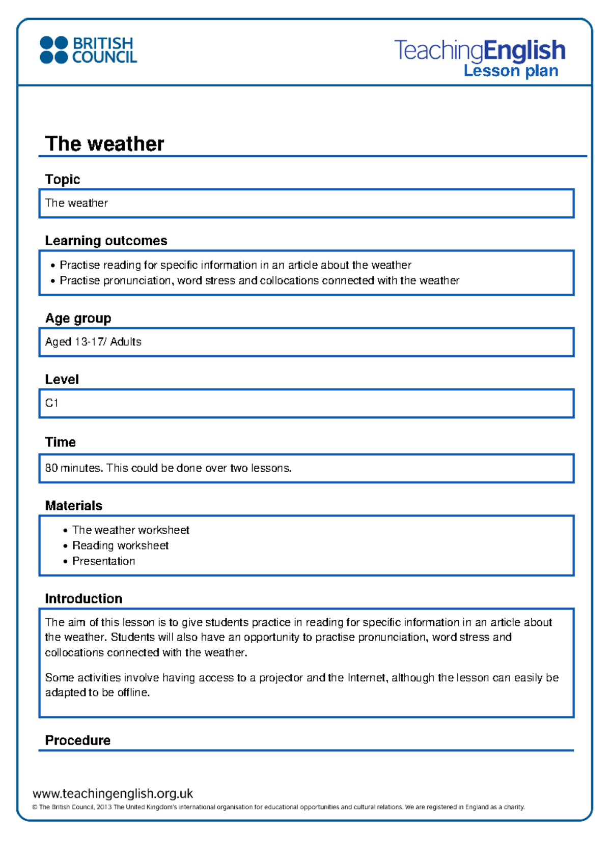 The weather lesson plan - The weather Topic The weather Learning ...