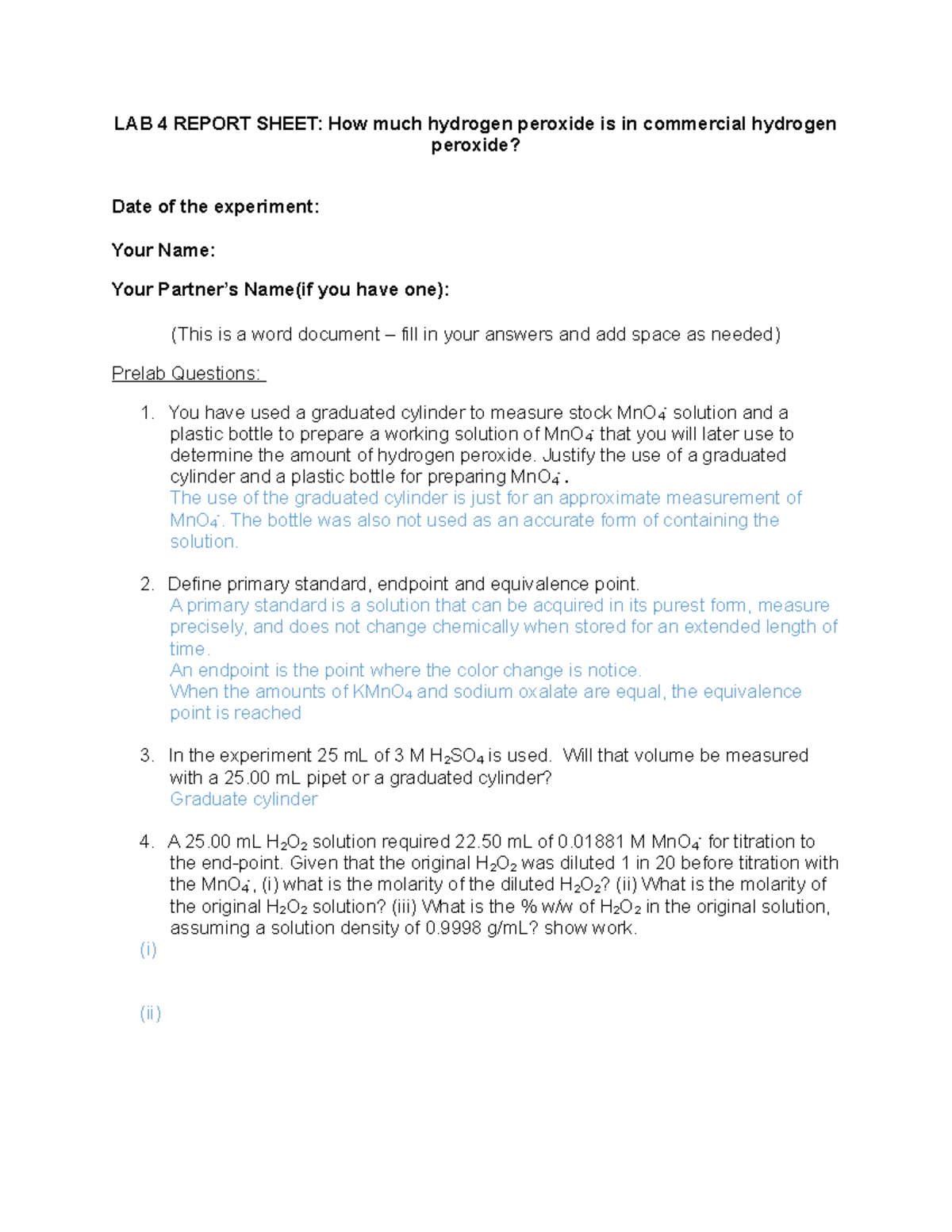 Lab 4 Report Sheet for how much hydrogen peroxide is in commercial hydrogen peroxide - LAB 4 ...