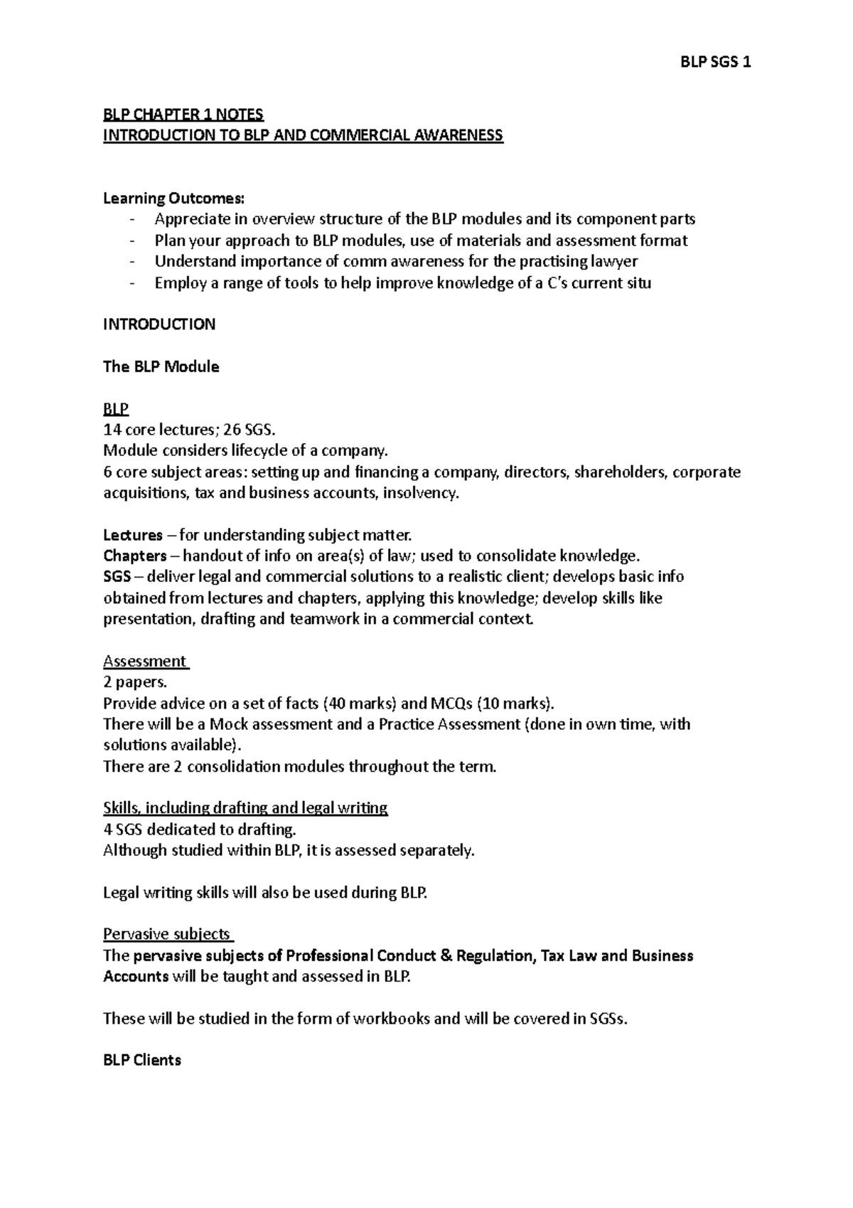 BLP Chapter 1 Notes - BLP CHAPTER 1 NOTES INTRODUCTION TO BLP AND ...