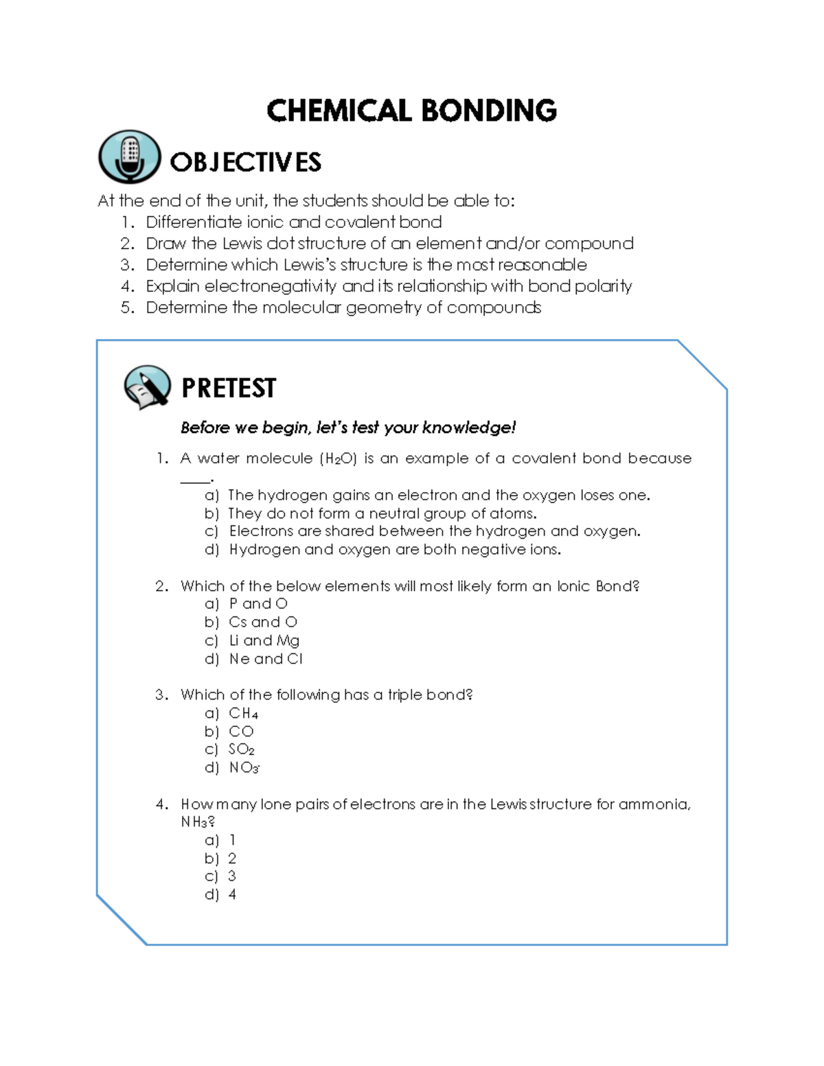 Worktext (Chemical Bonding) - OBJECTIVES At the end of the unit, the ...