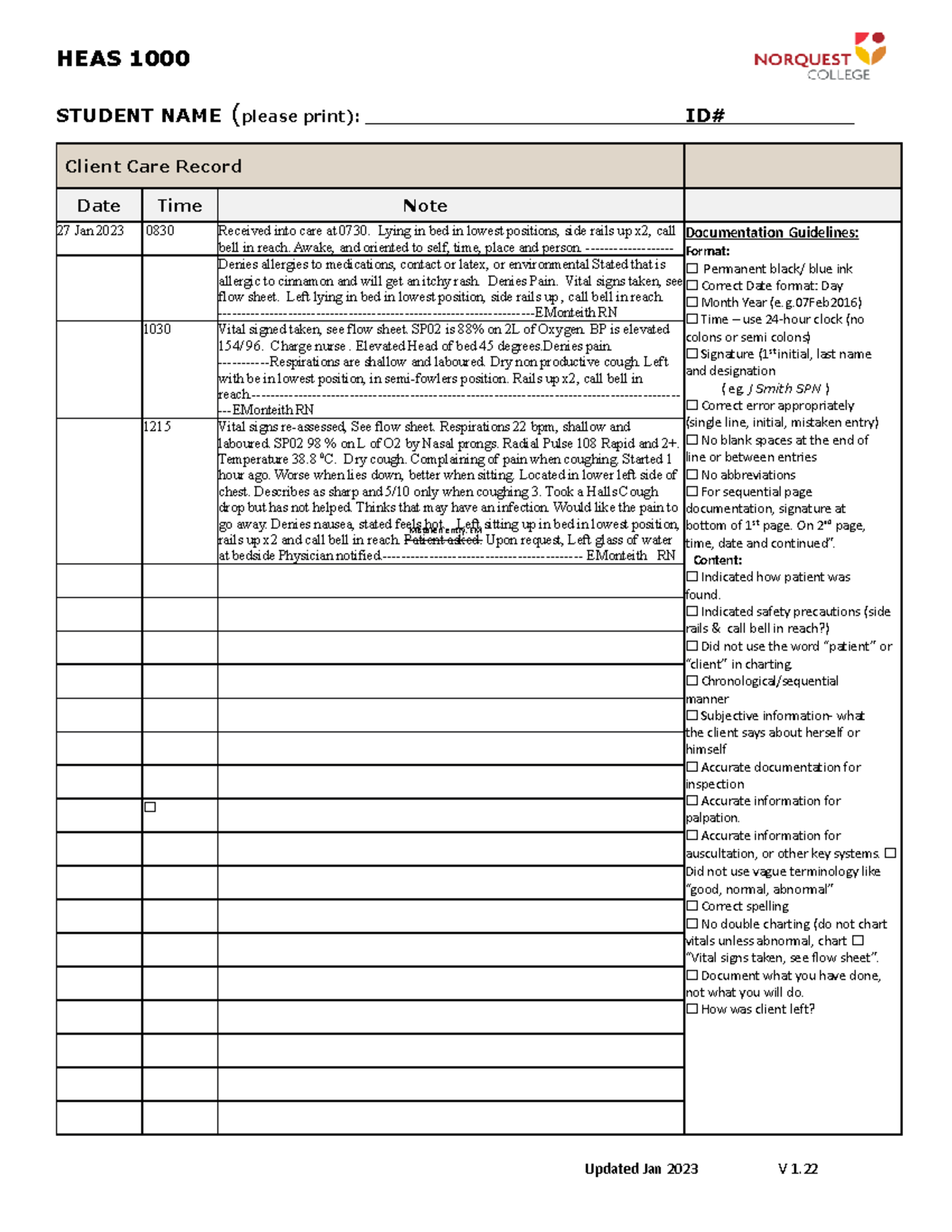 Client Care Record with Guidelines Jan 2023 - STUDENT NAME (please ...