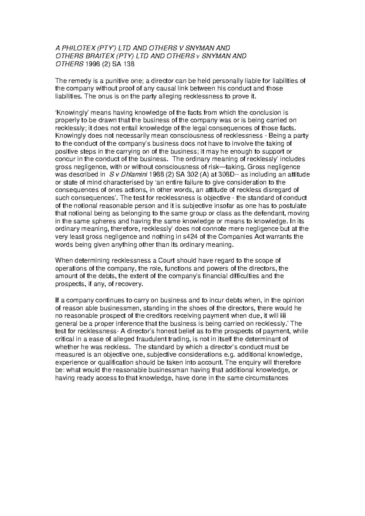 Summary Philotex for intranet - A PHILOTEX (PTY’) LTD AND OTHERS V ...