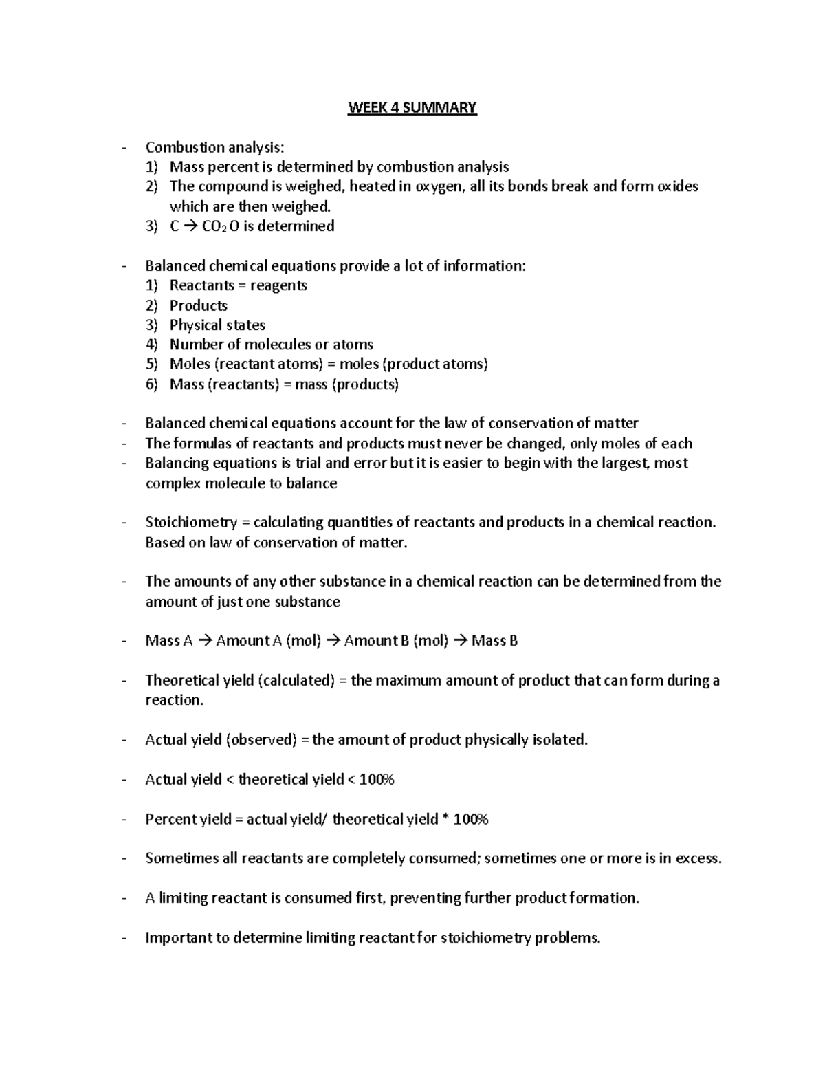 WEEK 4 Summary - Stoichiometry - WEEK 4 SUMMARY Combustion analysis ...