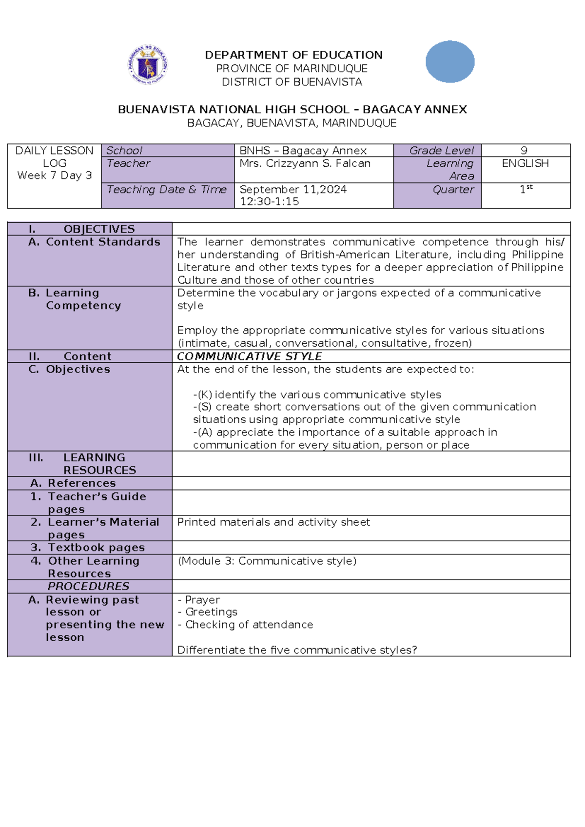 English 9 W7 D3 - Daily Lesson Plan for Communicative Styles Grade 9 ...