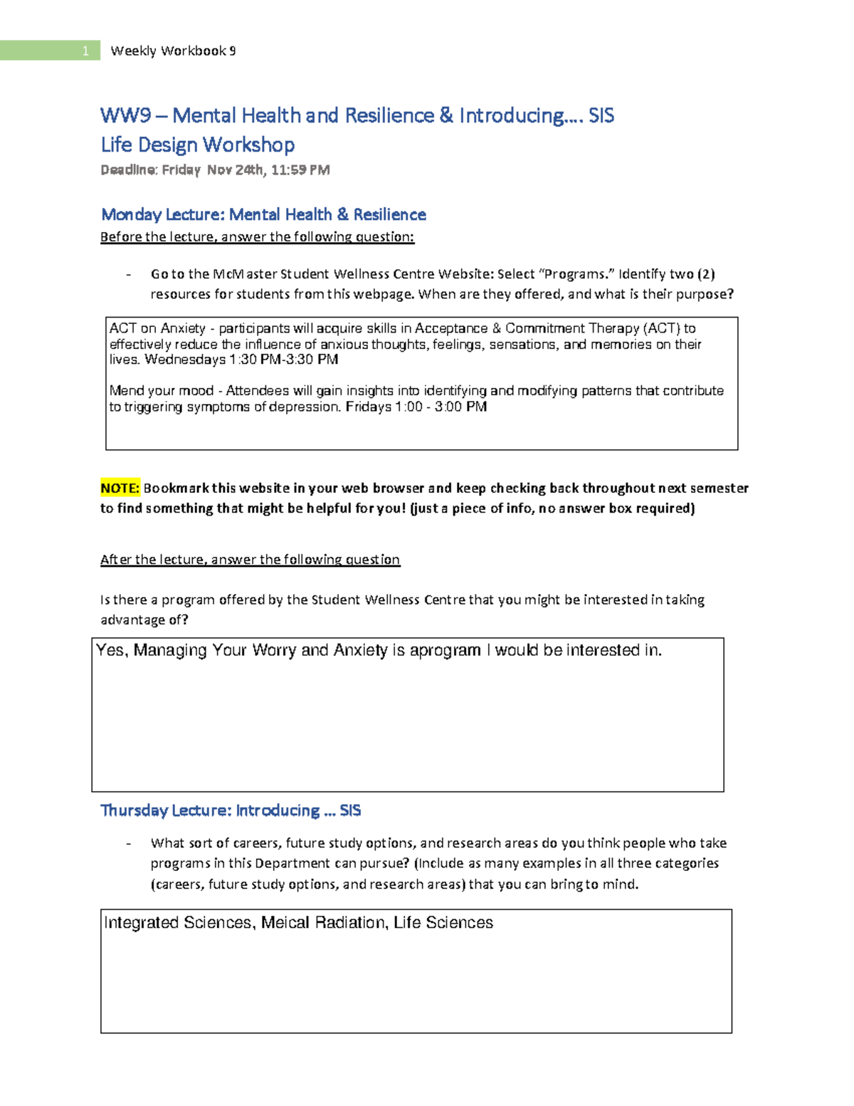 WW9 - answers for ww9, 100 percent - WW 9 – Mental Health and ...