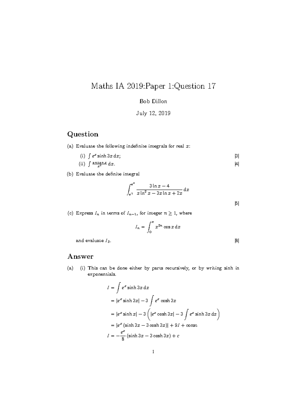 1A maths 2019 P1 Q17(Integration) - Maths IA 2019:Paper 1:Question 17 ...