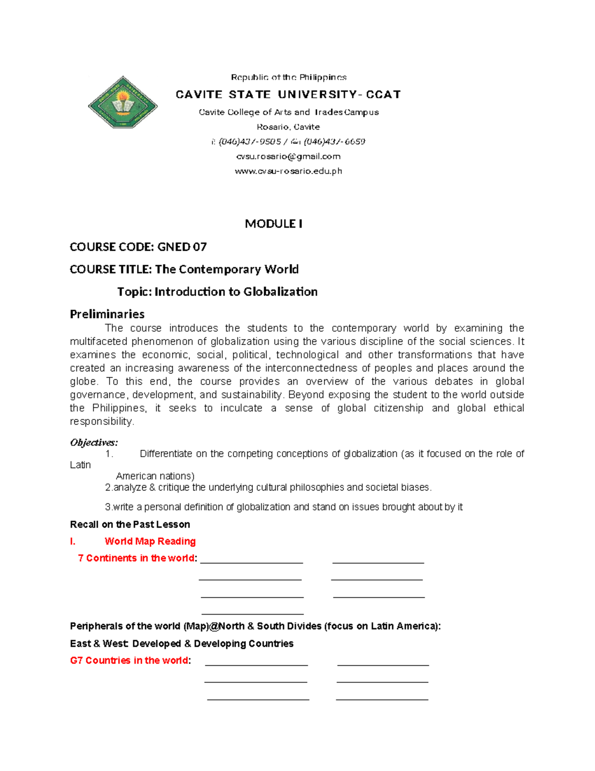 GNED 07 Module I - sdsdsds - MODULE I COURSE CODE: GNED 07 COURSE TITLE ...