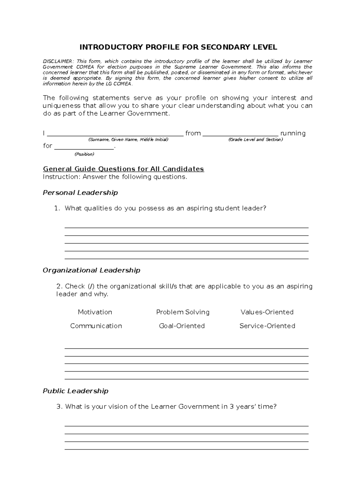 Enc - election - INTRODUCTORY PROFILE FOR SECONDARY LEVEL DISCLAIMER ...