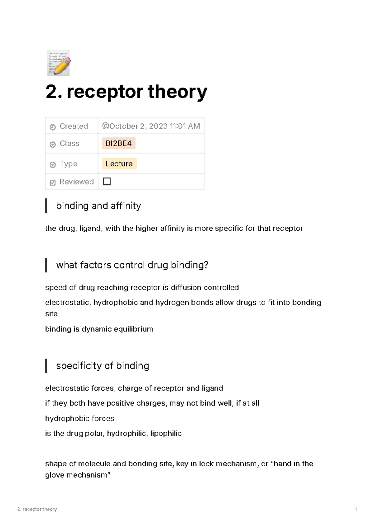 Receptor theory 1 - 📝 2. receptor theory Created Class BI2BE Type ...