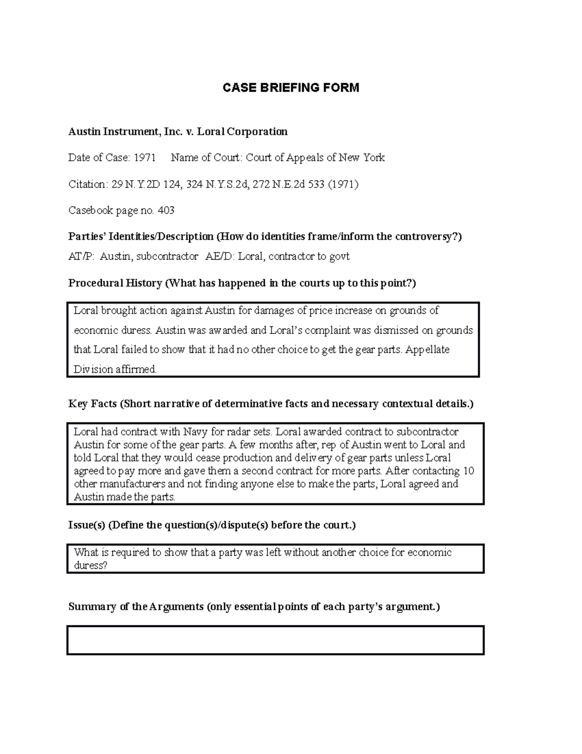 Austin Instrument, Inc. v. Loral Corporation - CASE BRIEFING FORM ...