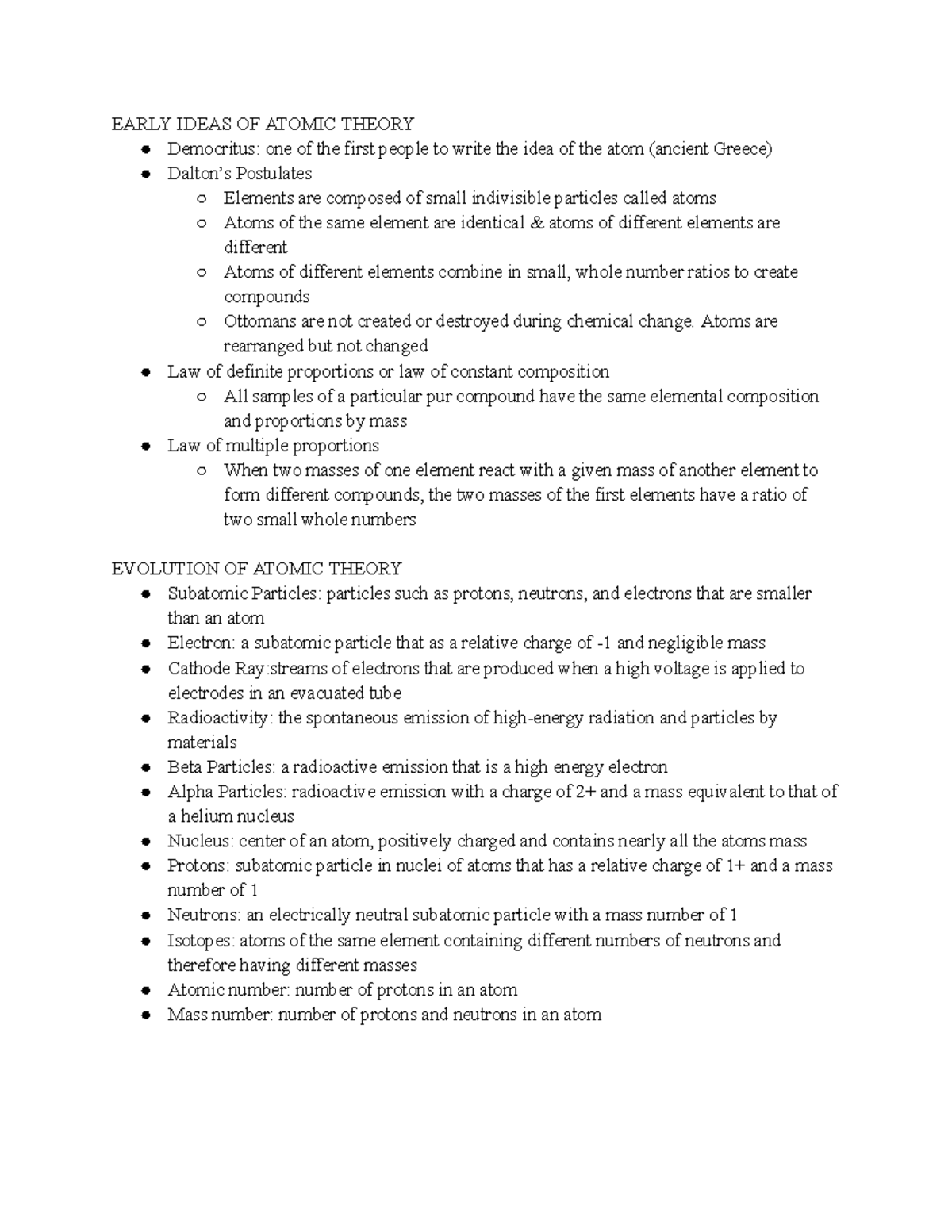 CHEM NOTES 2.1-2.2 - EARLY IDEAS OF ATOMIC THEORY Democritus: one of ...