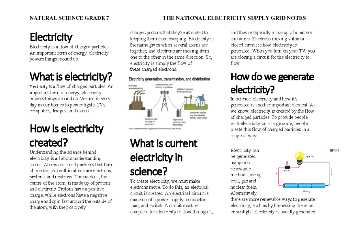 Natural Science lesson Electricity notes - Electricity Electricity is a ...