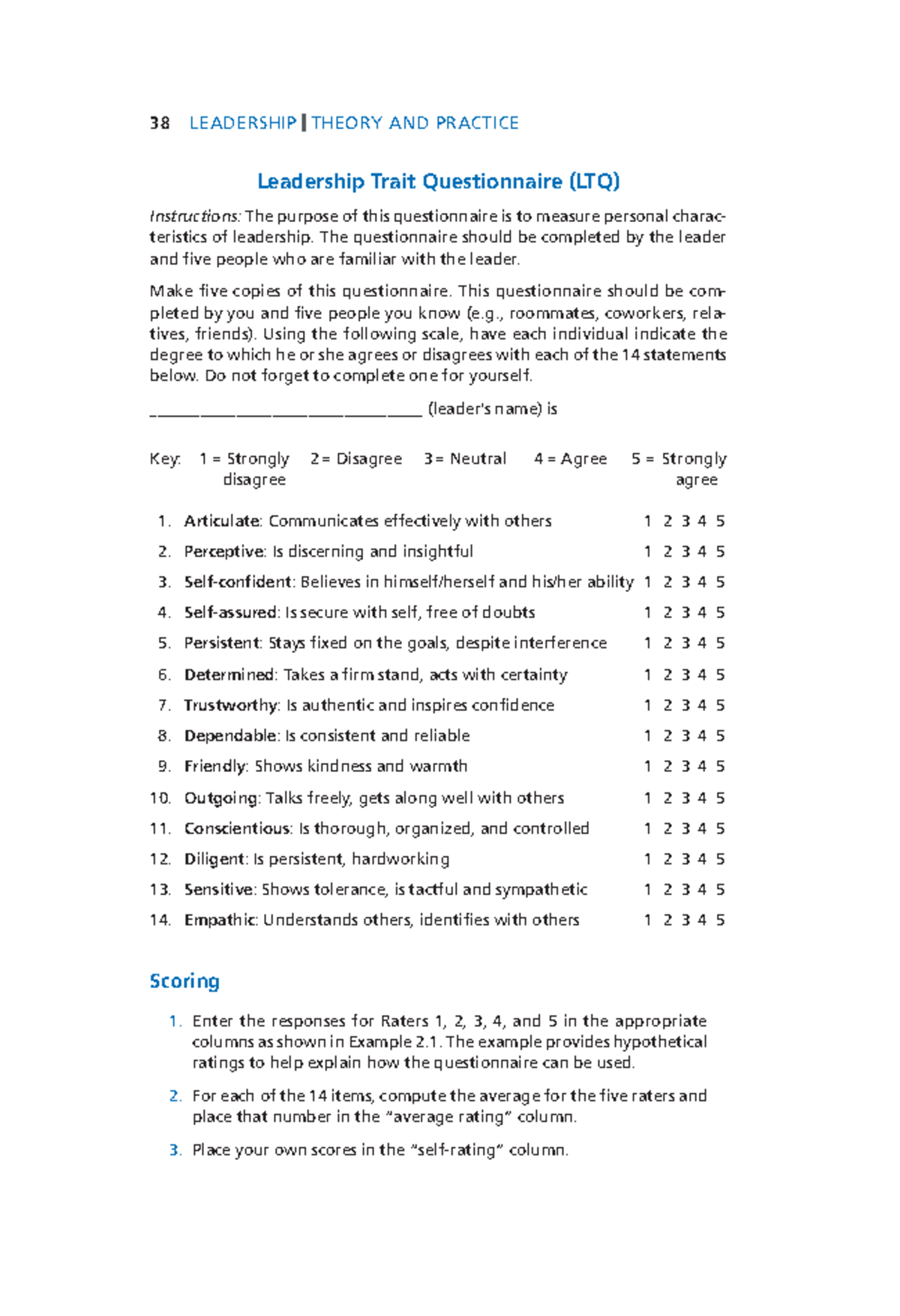 Ch 2 Questionnaire 0 - 38 LEADERSHIP THEORY AND PRACTICE Leadership ...