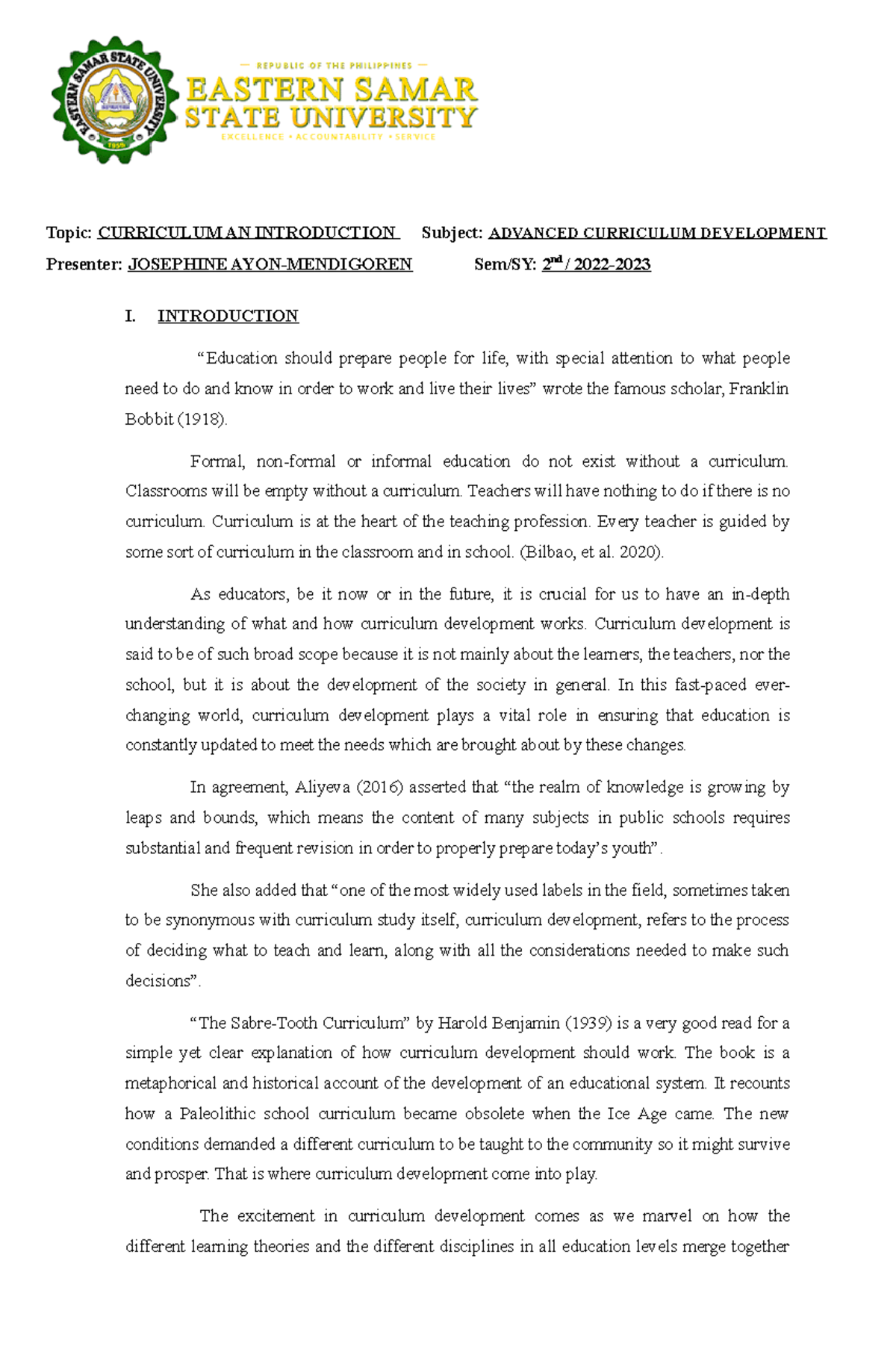 Curriculum, Introduction - Topic: CURRICULUM AN INTRODUCTION Subject ...