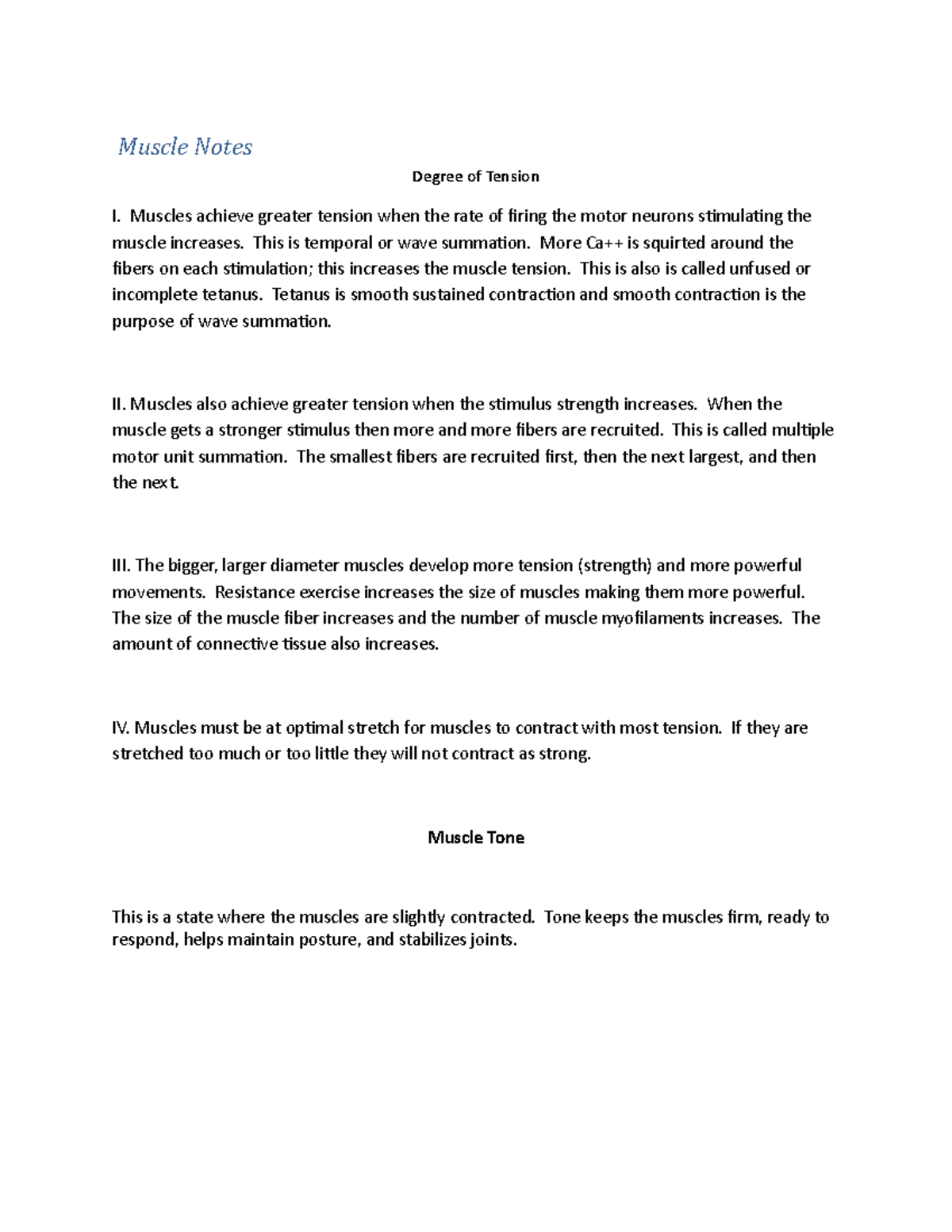 Notes on Muscles - Muscle Notes Degree of Tension I. Muscles achieve ...