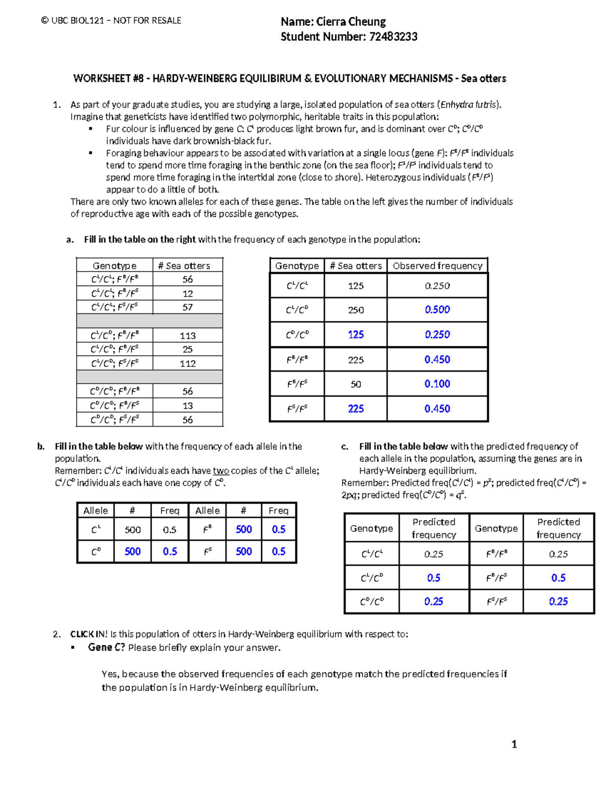 Worksheet #8 - Hardy-Weinberg Equilibrium & Evolutionary Mechanisms ...