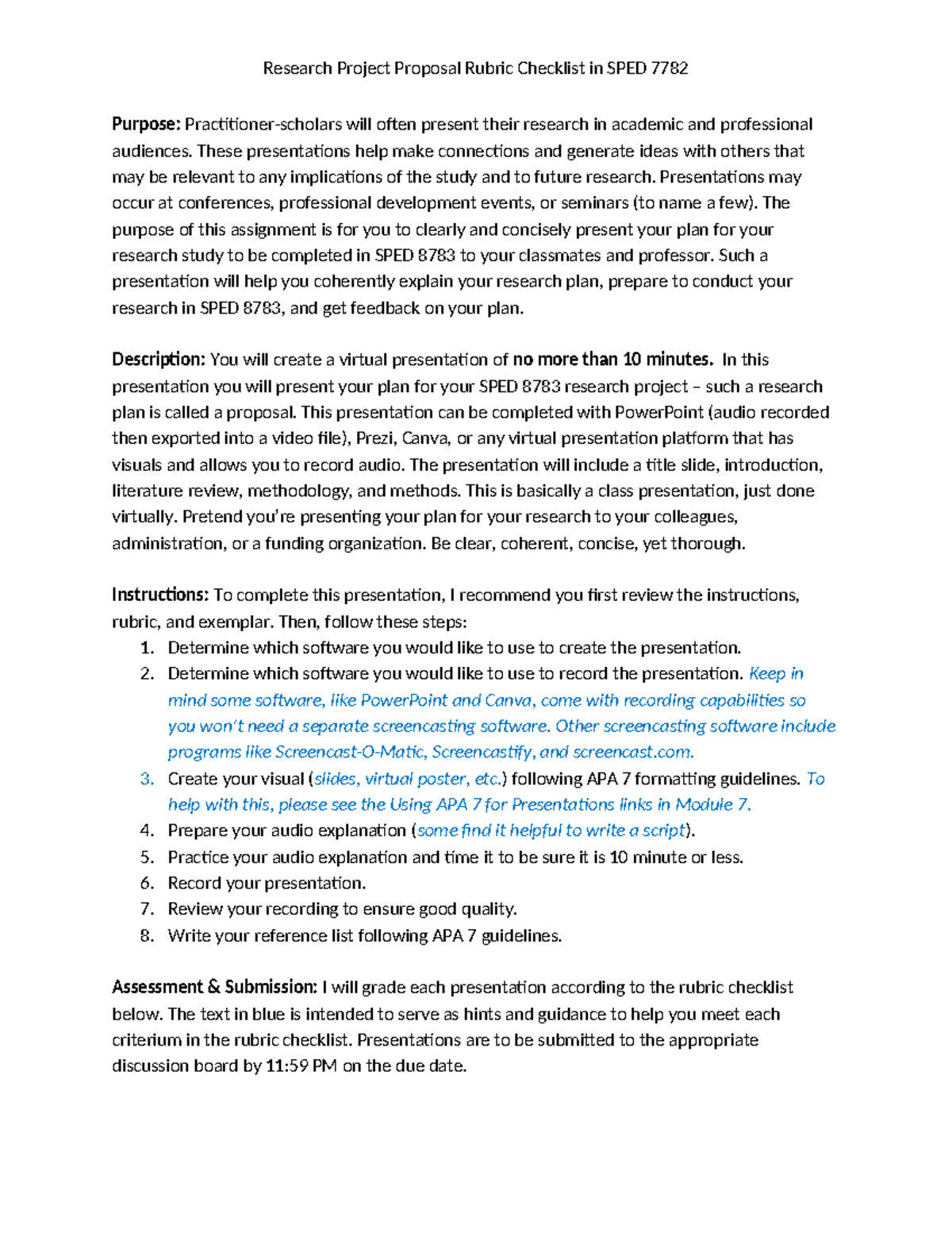 Resarch Presentation Proposal Rubric (SPED 7782 FL22 - Purpose ...