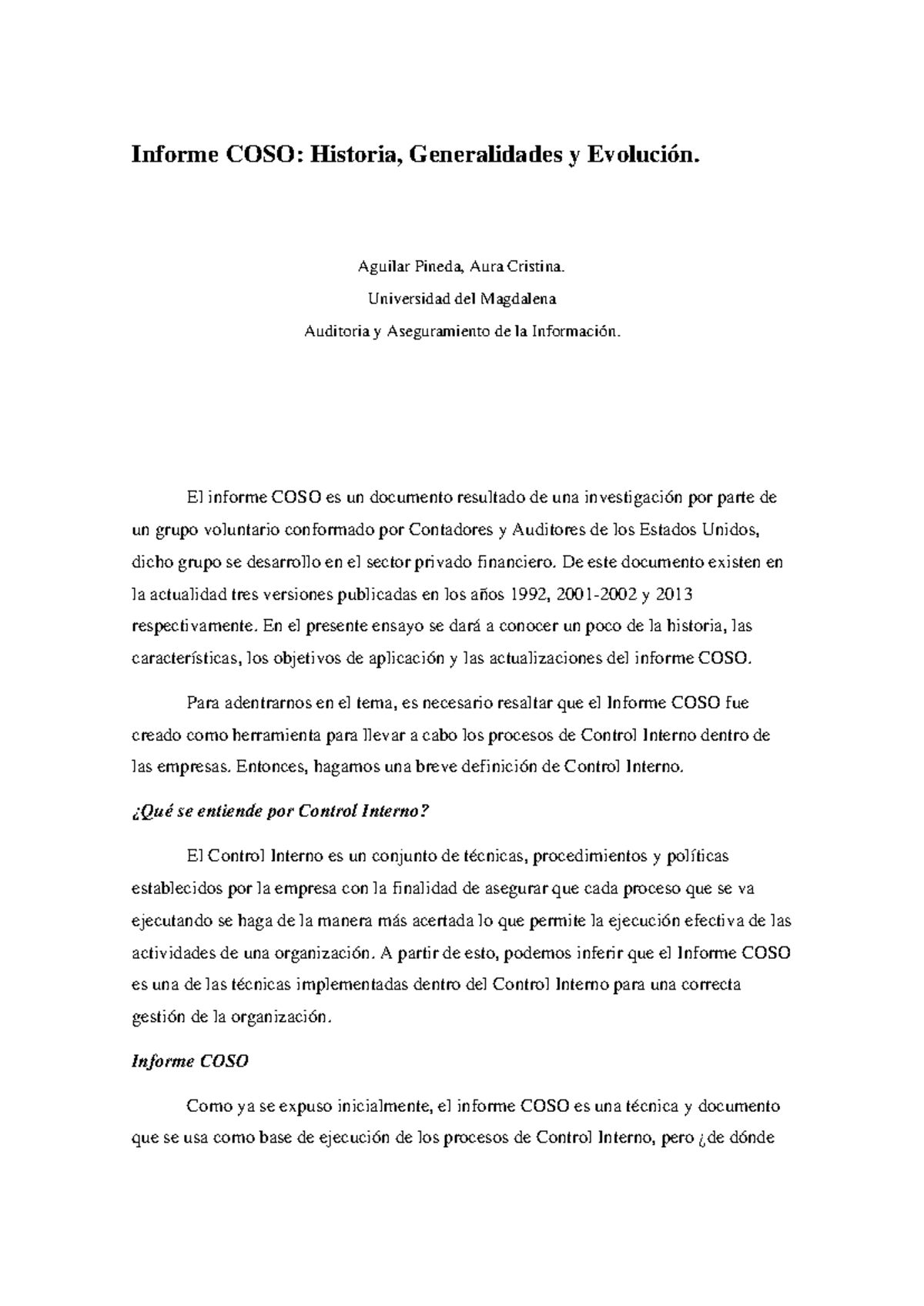 Informe COSO- Ensayo - Informe COSO: Historia, Generalidades y ...