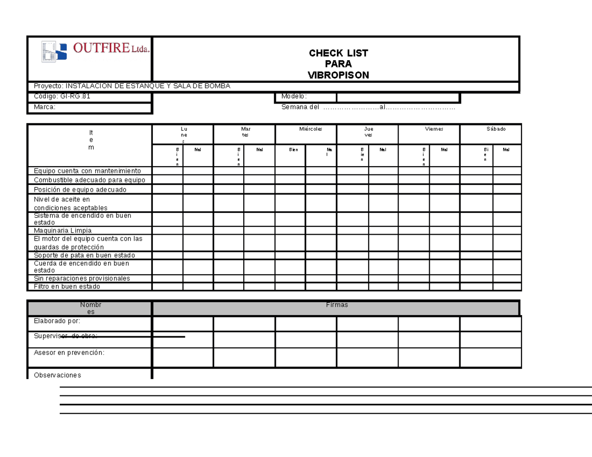 Check list Vibropison pdf - CHECK LIST PARA VIBROPISON Proyecto ...
