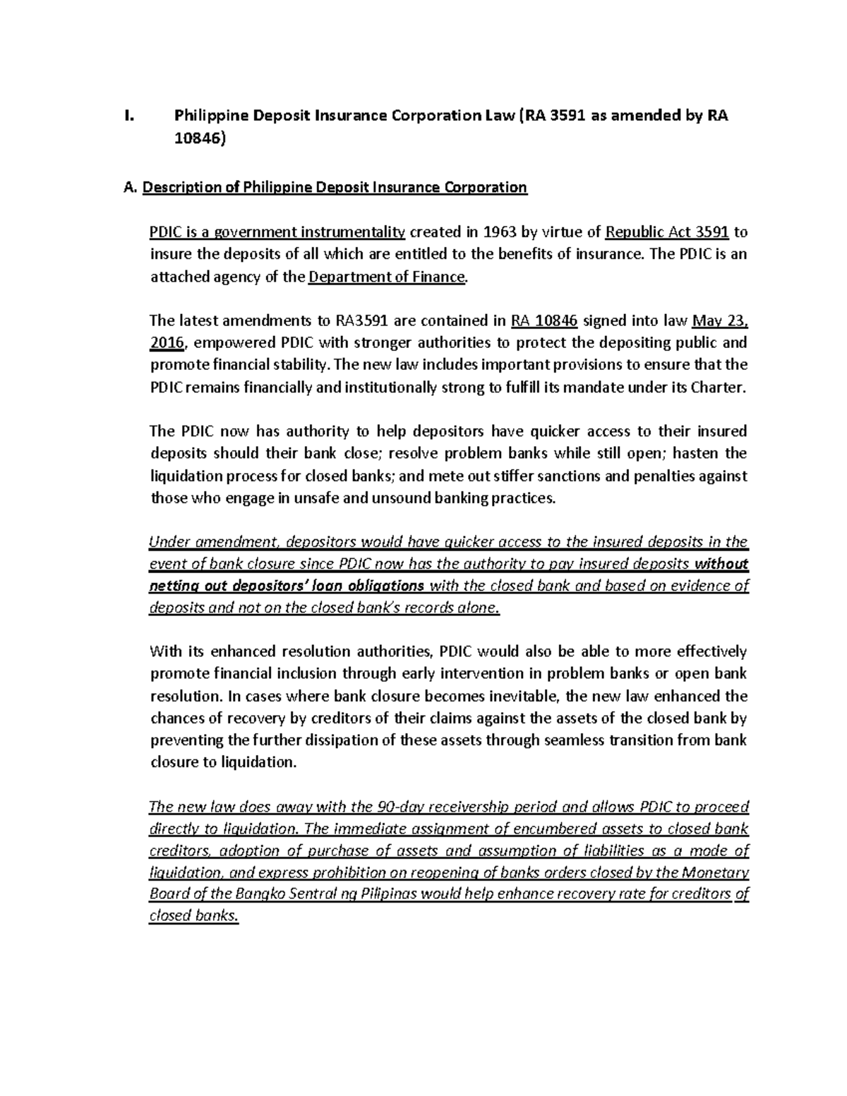 PDIC Law - New PDIC Law - I. Philippine Deposit Insurance Corporation ...