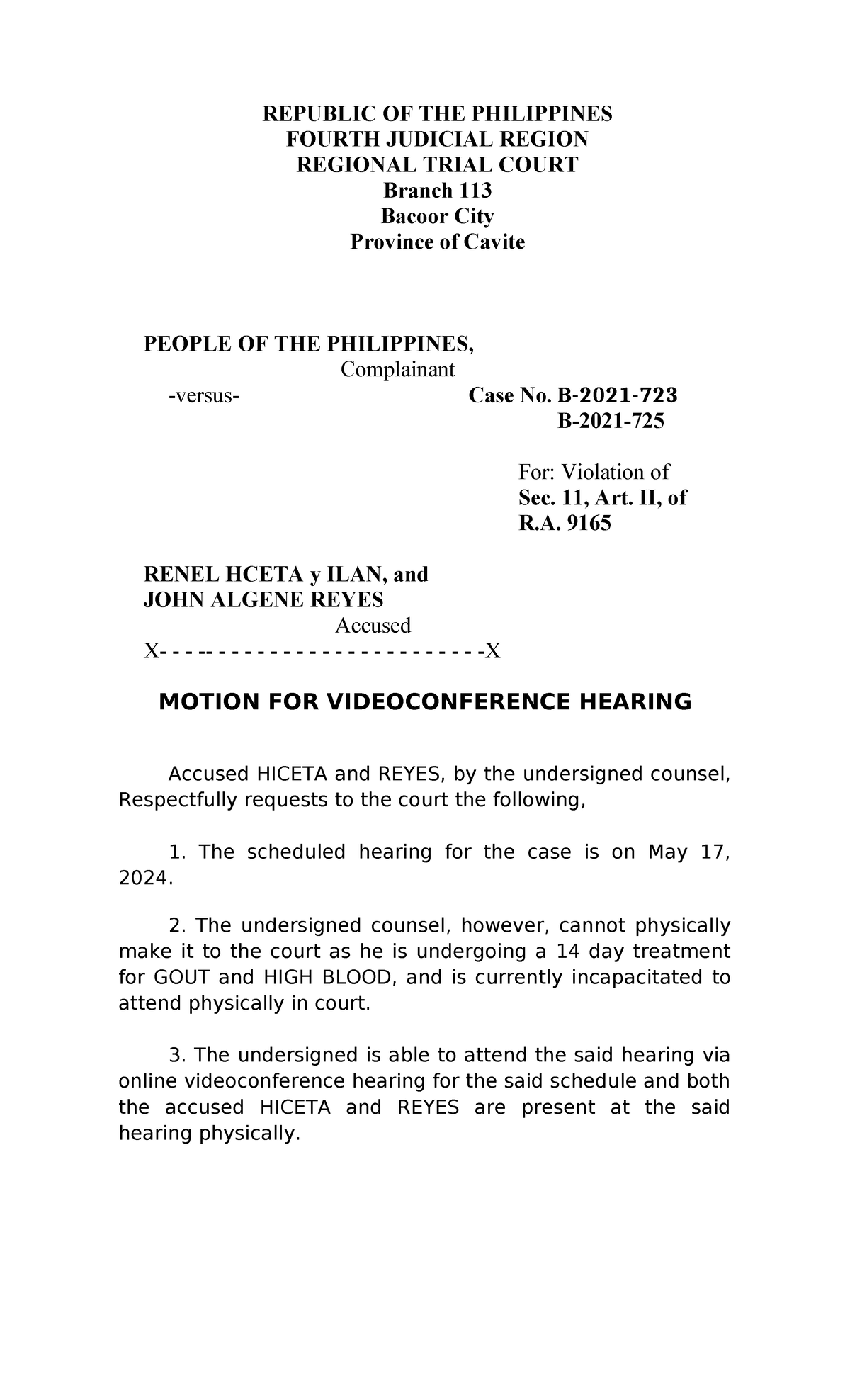 Motion-VCH-Cavite - REPUBLIC OF THE PHILIPPINES FOURTH JUDICIAL REGION REGIONAL TRIAL COURT ...