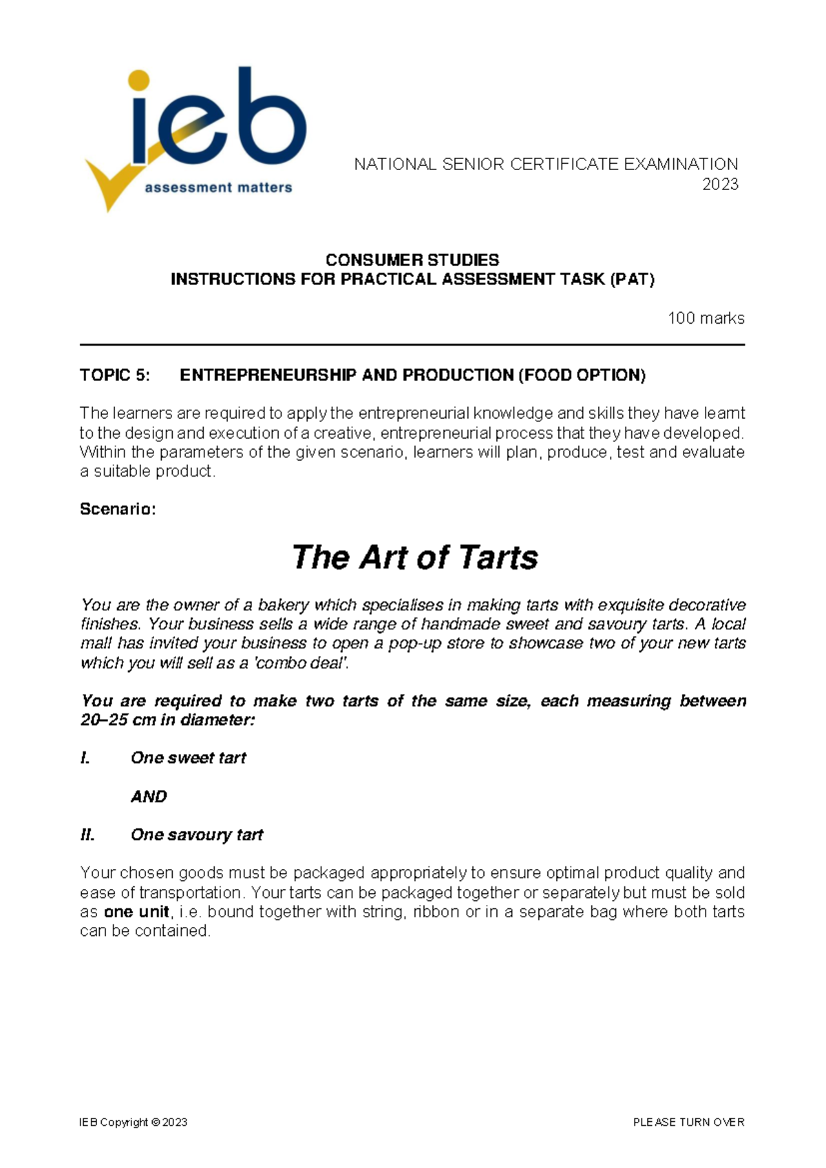 NSC Consumer Studies PAT 2023 Food Production EW 4 - IEB Copyright ...