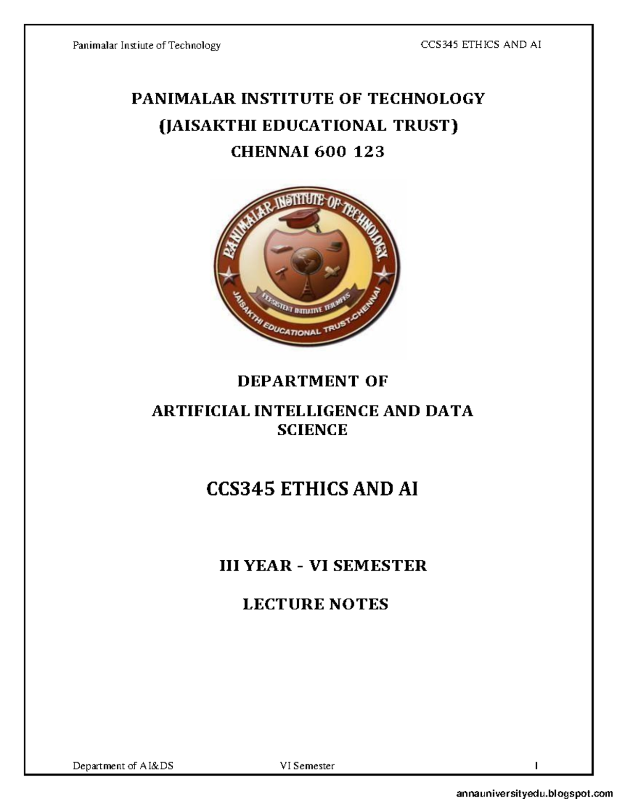 Ethics AND AI Notes - Department of AI&DS VI Semester 1 PANIMALAR ...