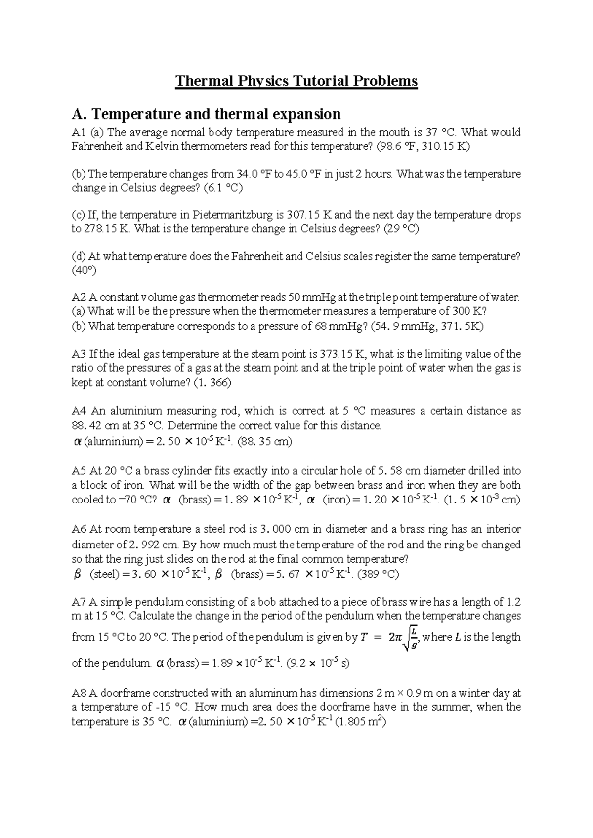 A. Temperature and thermal expansion - Tutorial Problems - Thermal Physics Tutorial Problems A ...