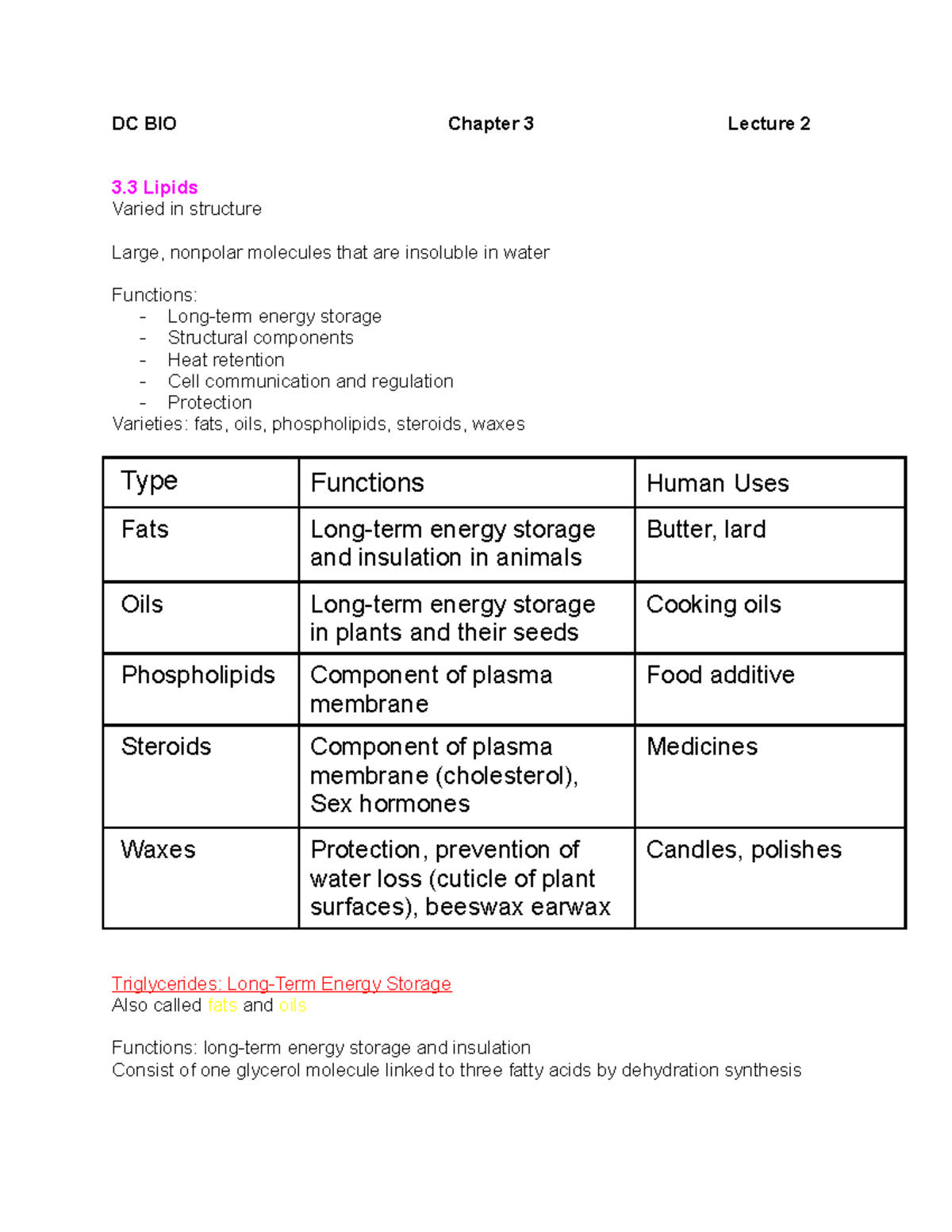 Dcbio Chapter 3 Lecture 2 - DC BIO Chapter 3 Lecture 2 3 Lipids Varied ...