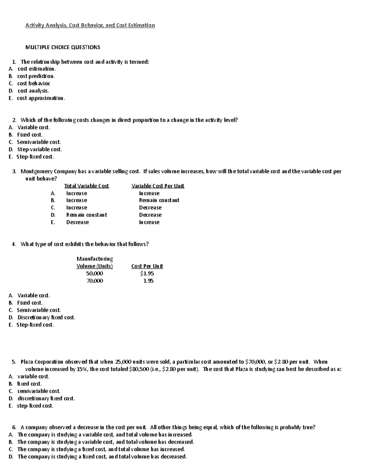 Cost Accounting Midterm EXAM - Activity Analysis, Cost Behavior, and Cost Estimation MULTIPLE ...