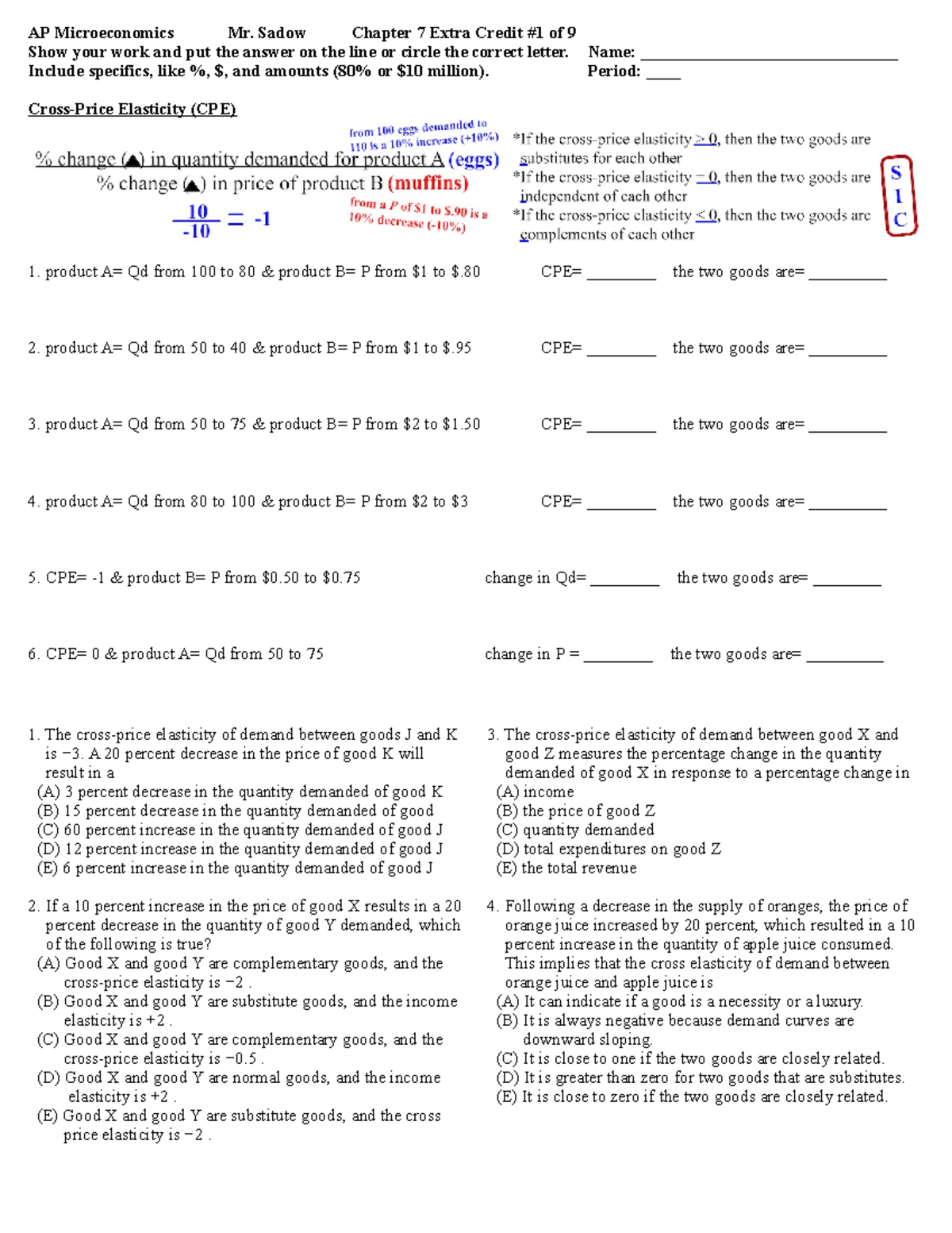 Chap7 extra credit 1 cross price elasticity - AP Microeconomics Mr ...