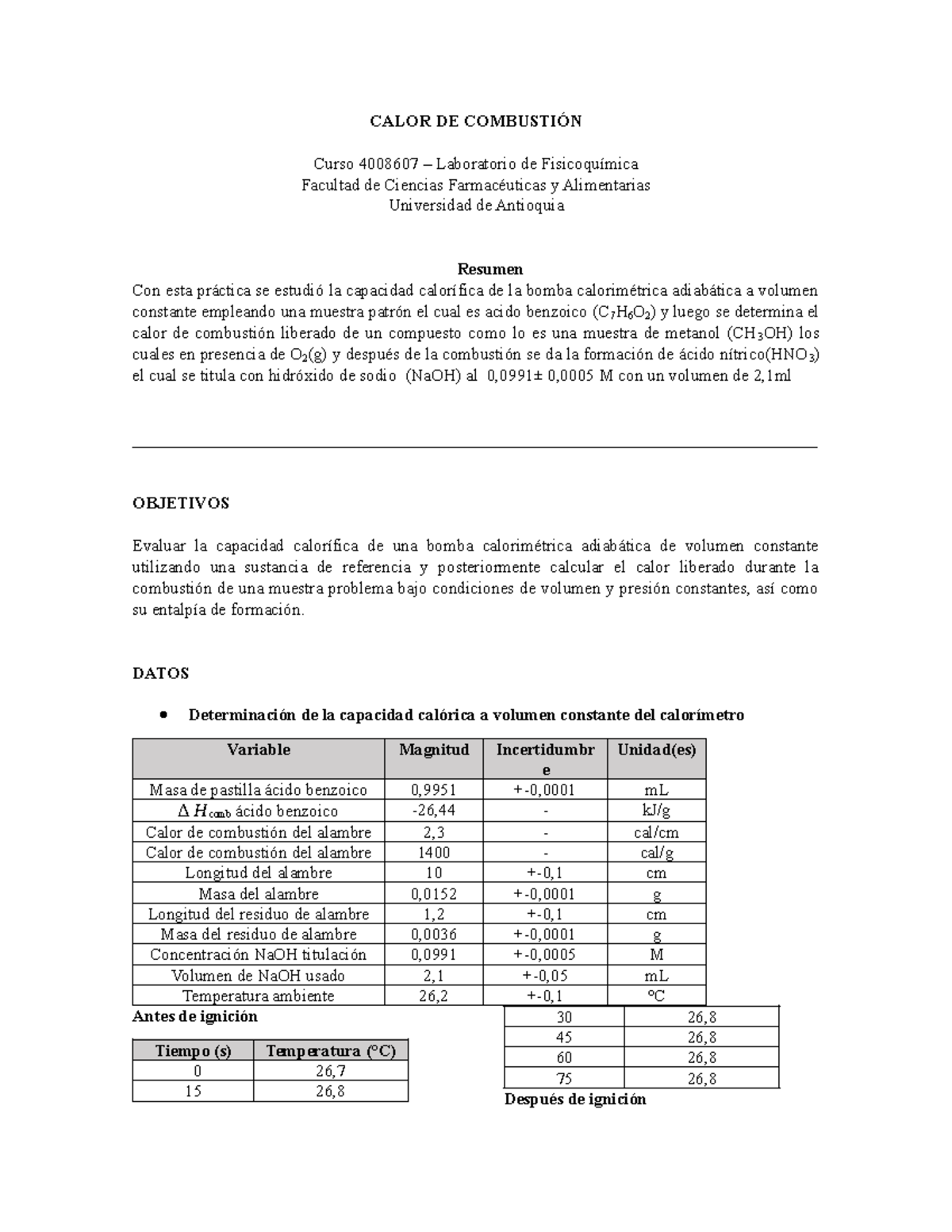 Calor De Combustión - CALOR DE COMBUSTIÓN Curso 4008607 – Laboratorio ...