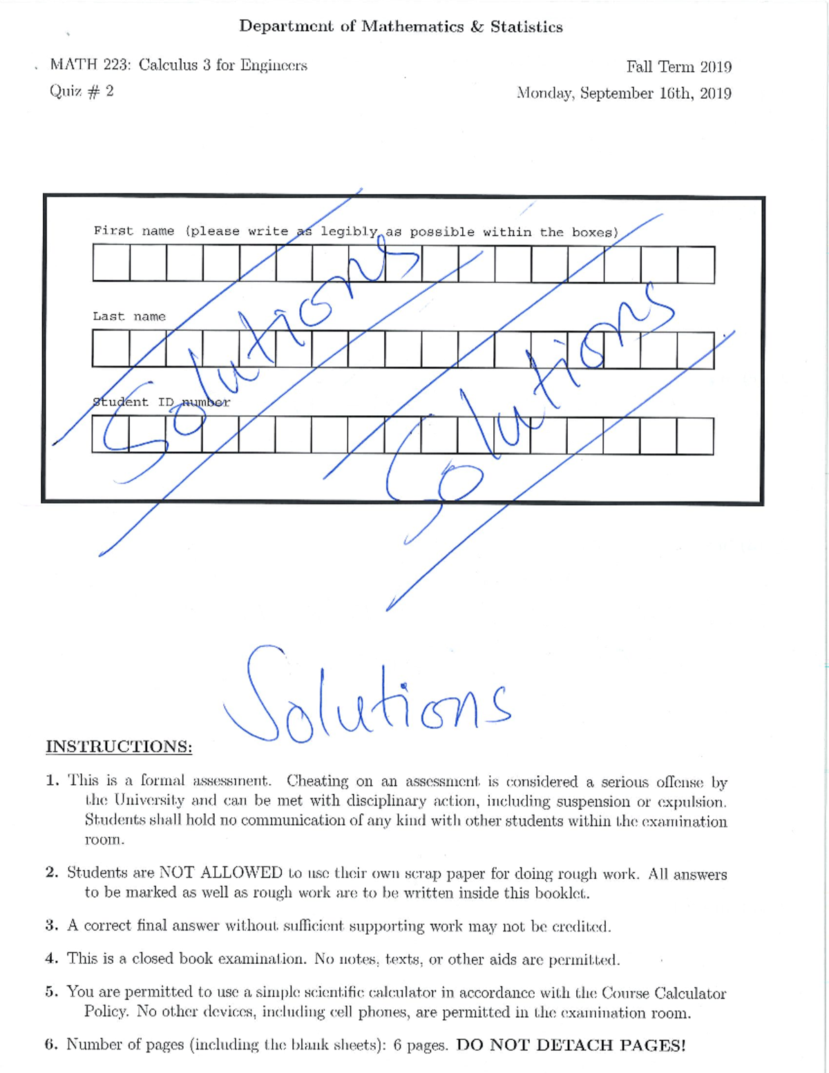 Quiz 2 with Solutions - Math 223.3 - Studocu
