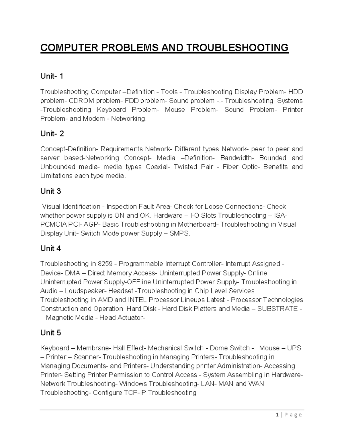 Computer problems and troubleshooting thane - Unit 1 - Studocu