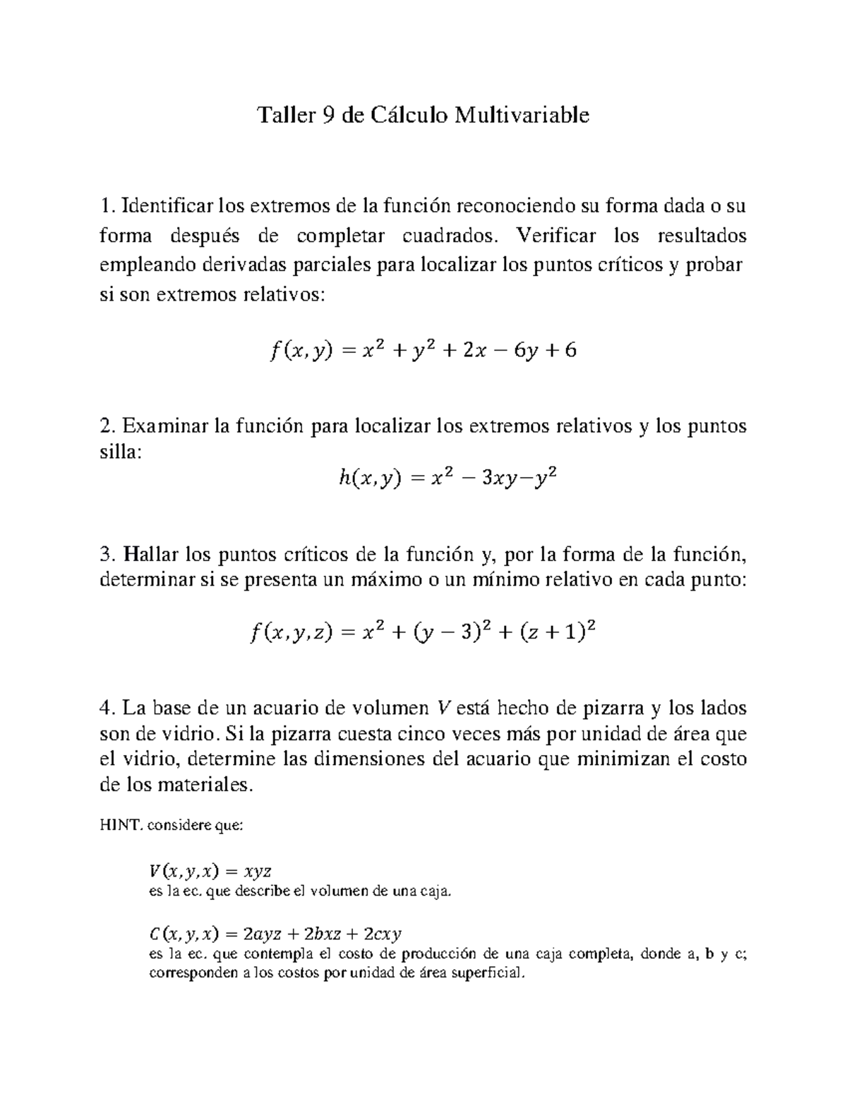 Taller 9 de Cálculo Multivariable ejercicios - UABC - Studocu