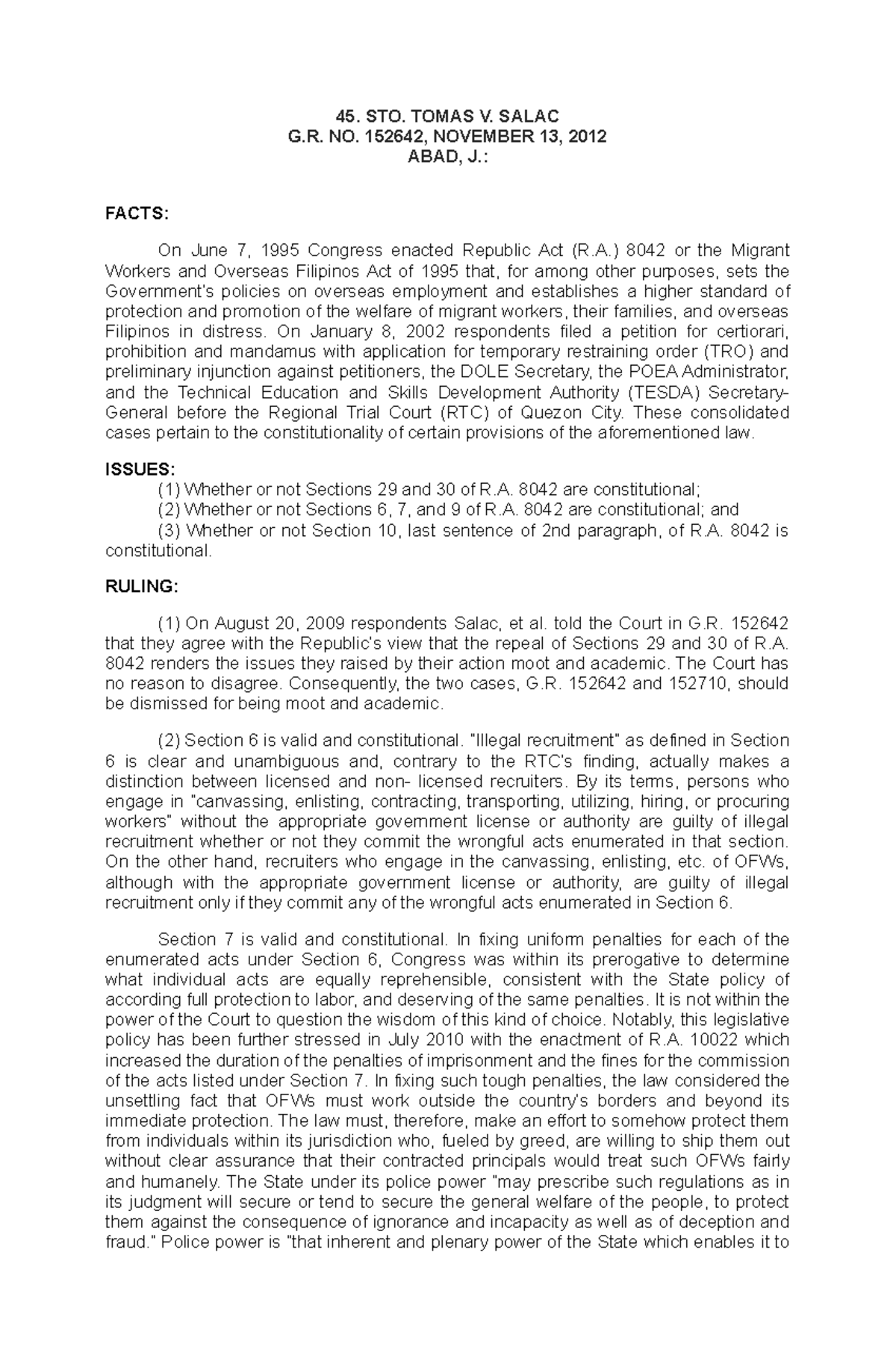 45-case - sto.tomas v. salac- labor law - gr no. 152642 case facts: On ...