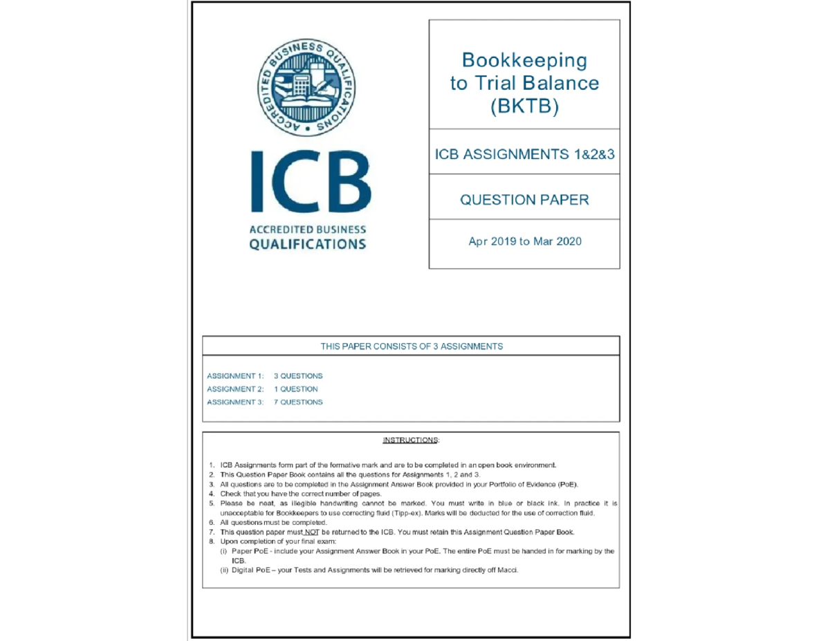 Bktb exam paper - BUSINESS Bookkeeping to Trial Balance (BKTB) ICB ...